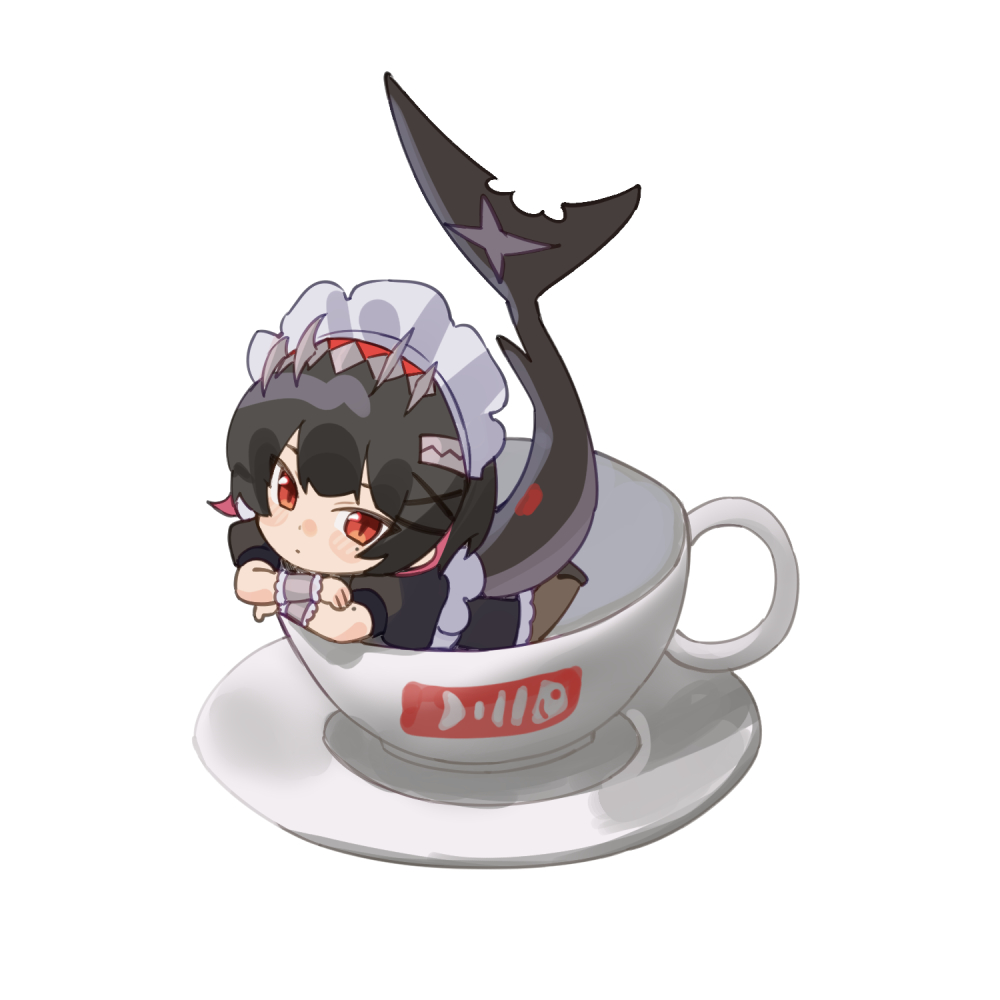 Safebooru - 1girl black dress black hair blush chibi cup dress ellen ...