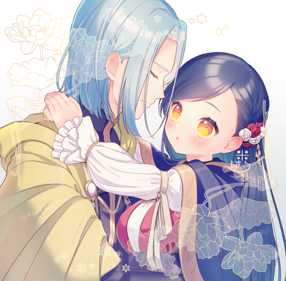 Safebooru - 1boy 1girl arms around neck black cloak black hair black robe blue hair blush braid ...