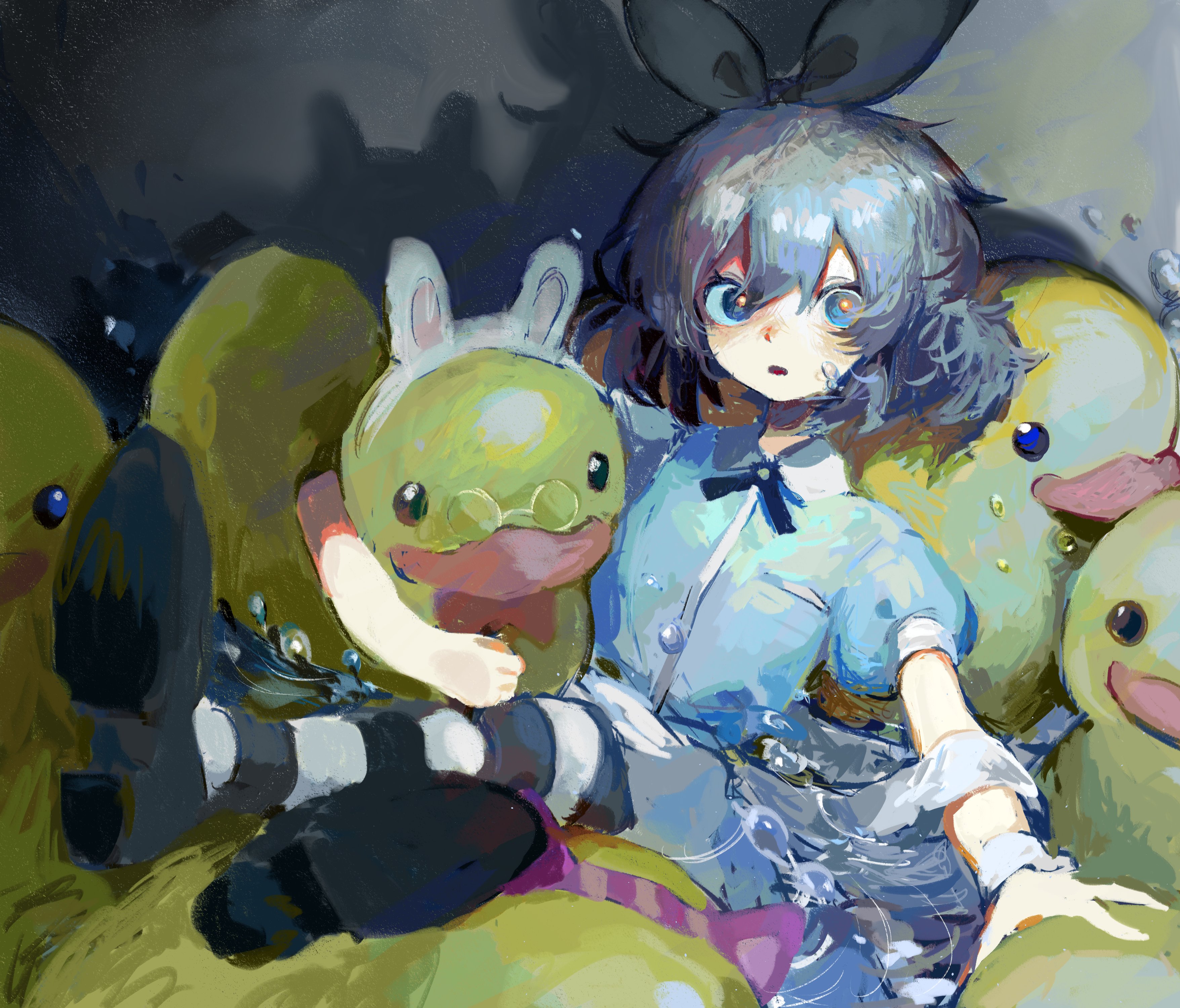 Safebooru - 1girl absurdres afloat animal ears black bow black footwear blue eyes blue hair bow ...