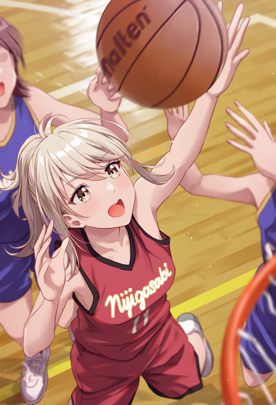 Safebooru - 3girls ball basketball basketball (object) basketball court basketball jersey ...