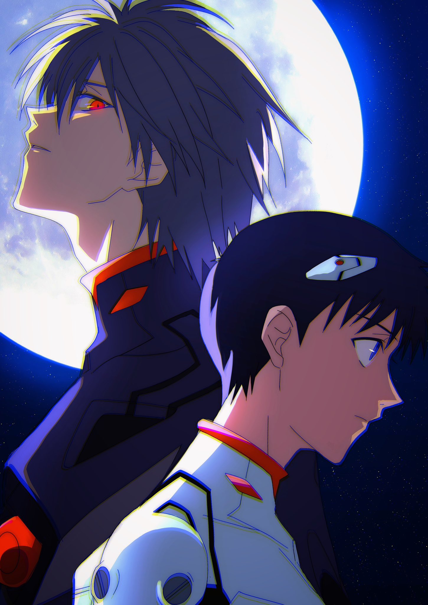 Safebooru - 2boys blue eyes brown hair closed mouth full moon glowing ...