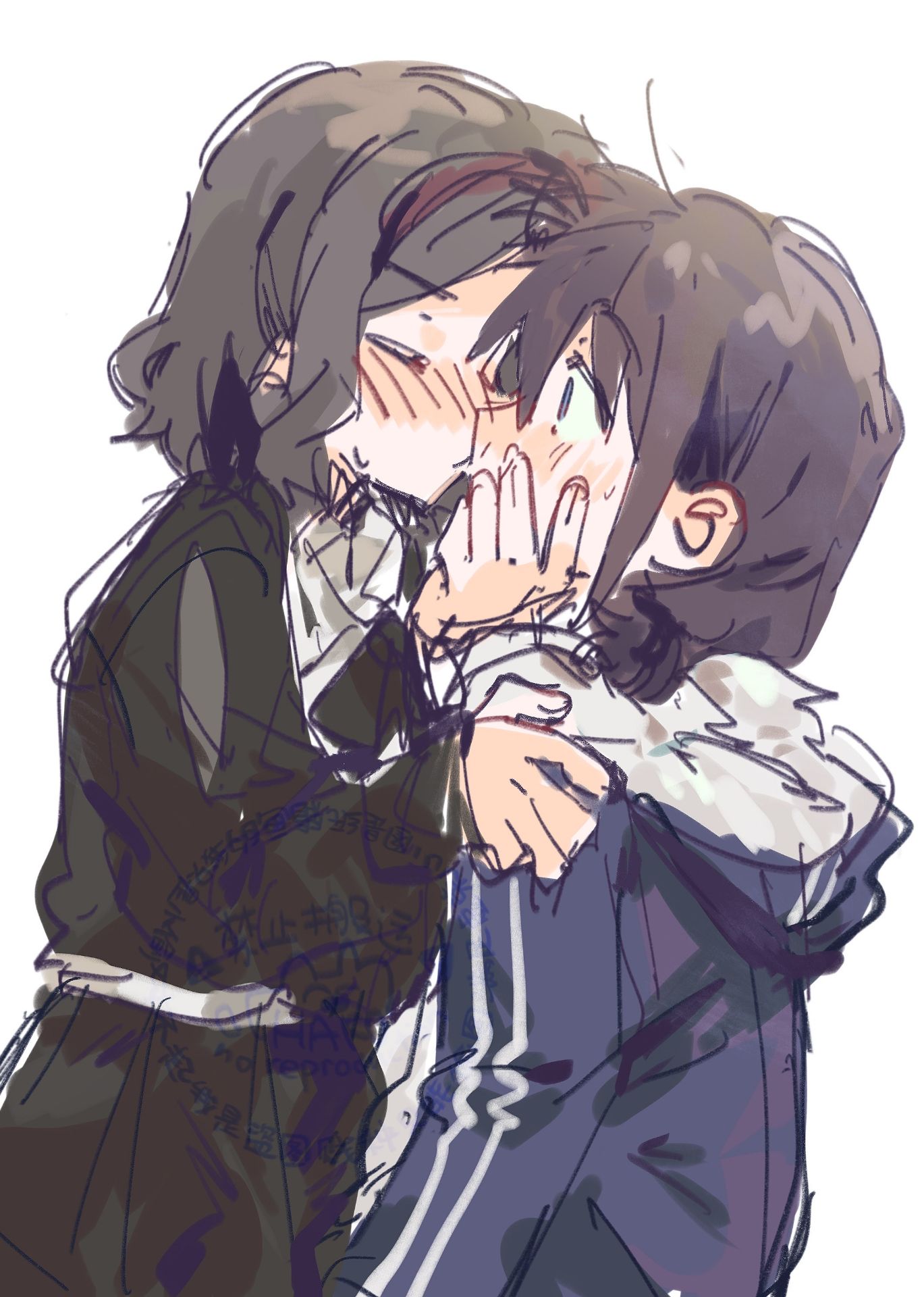 Safebooru - 2girls black dress blue jacket blush brown hair closed eyes commentary dress ebizuka ...