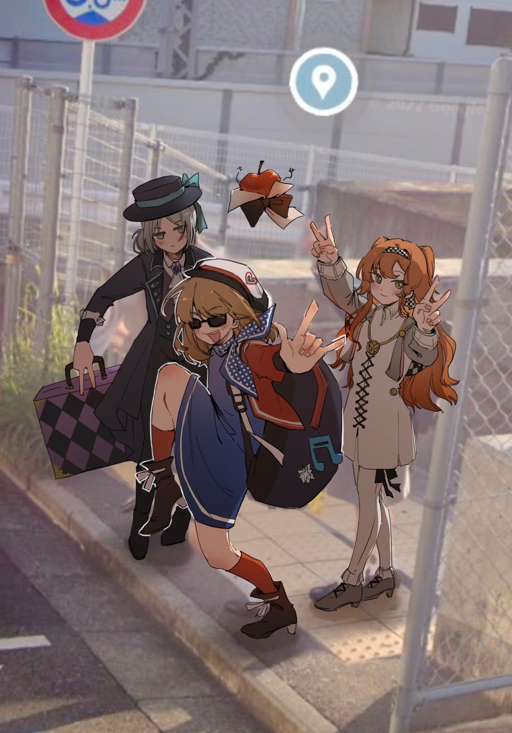 Safebooru - 3girls \m/ ankle boots apple apple (reverse:1999) arms up ascot backpack bag black ...