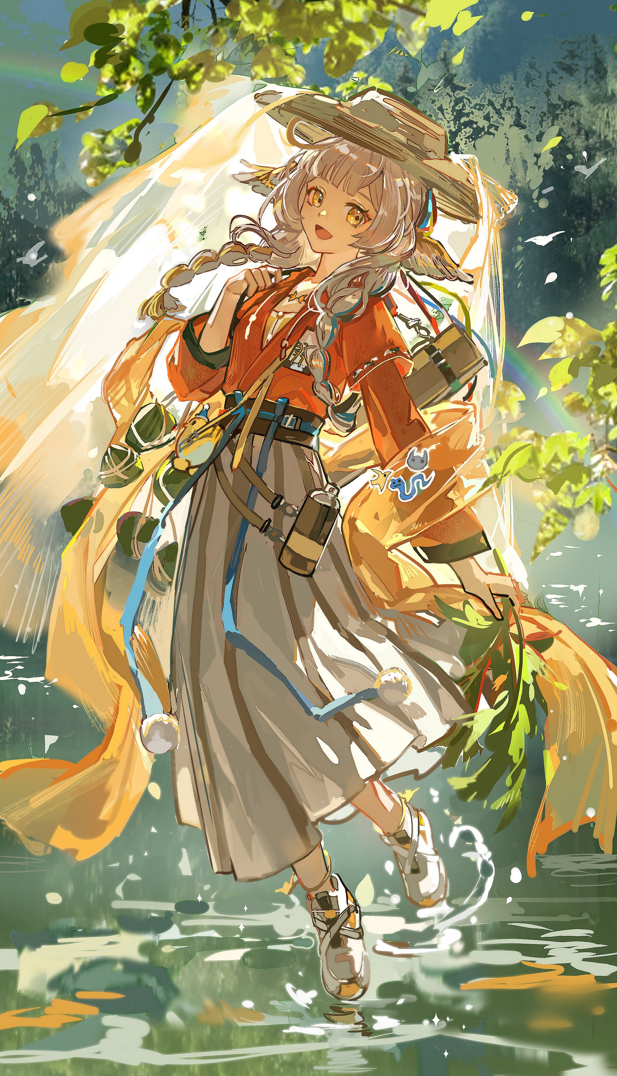 Safebooru - 1girl :d absurdres arknights backlighting braid foliage ...
