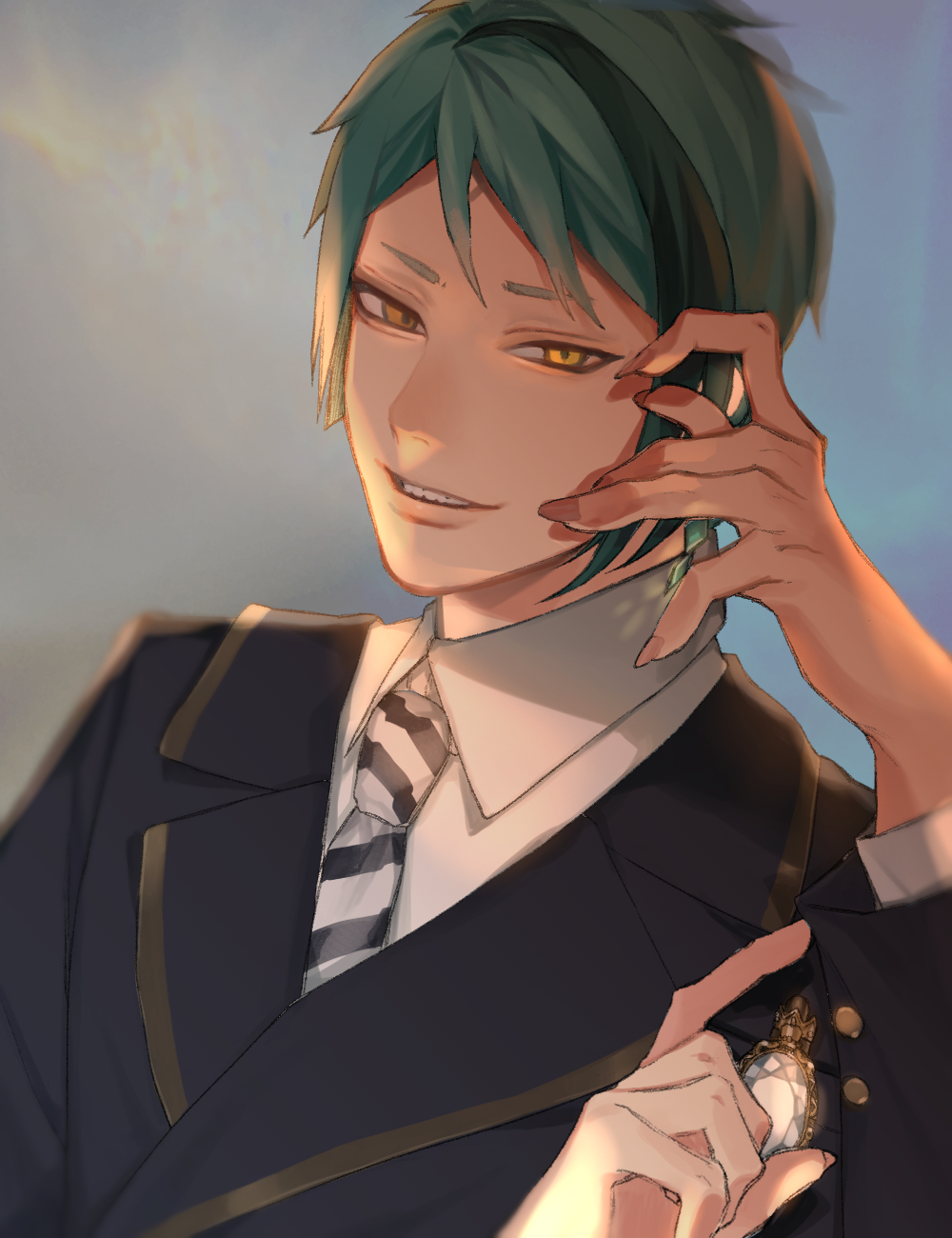 Safebooru - 1boy aqua hair black jacket blue gemstone blue necktie claw ...