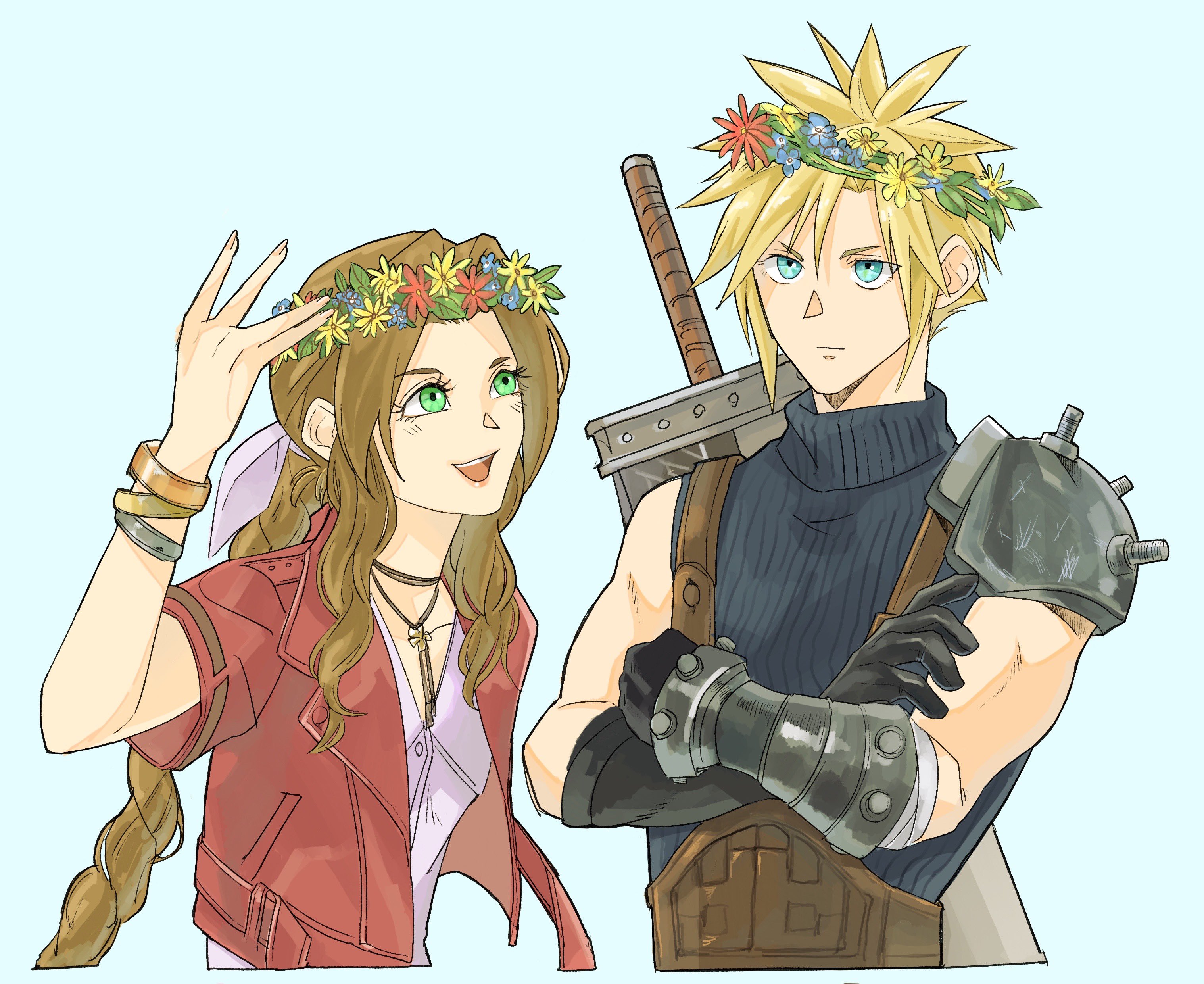 Safebooru - 1boy 1girl absurdres aerith gainsborough aqua eyes armor bandaged arm bandages ...