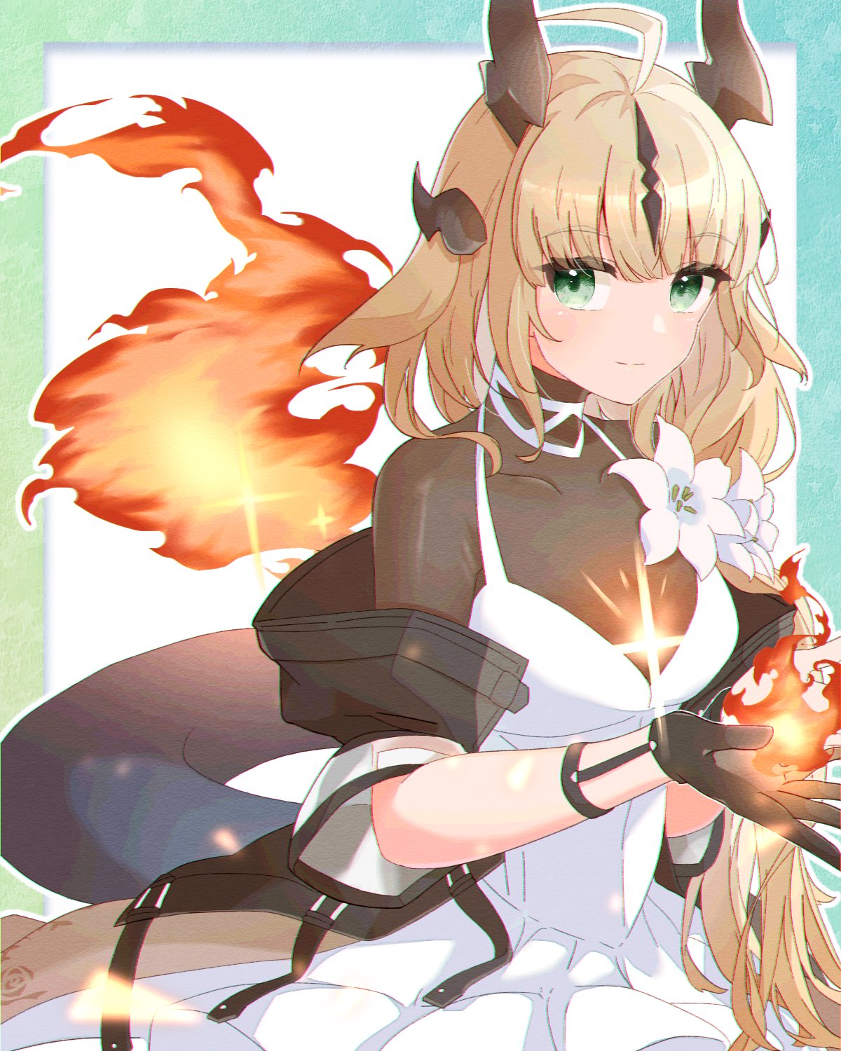 Safebooru - 1girl ahoge arknights black gloves black horns blonde hair breasts closed mouth coat ...