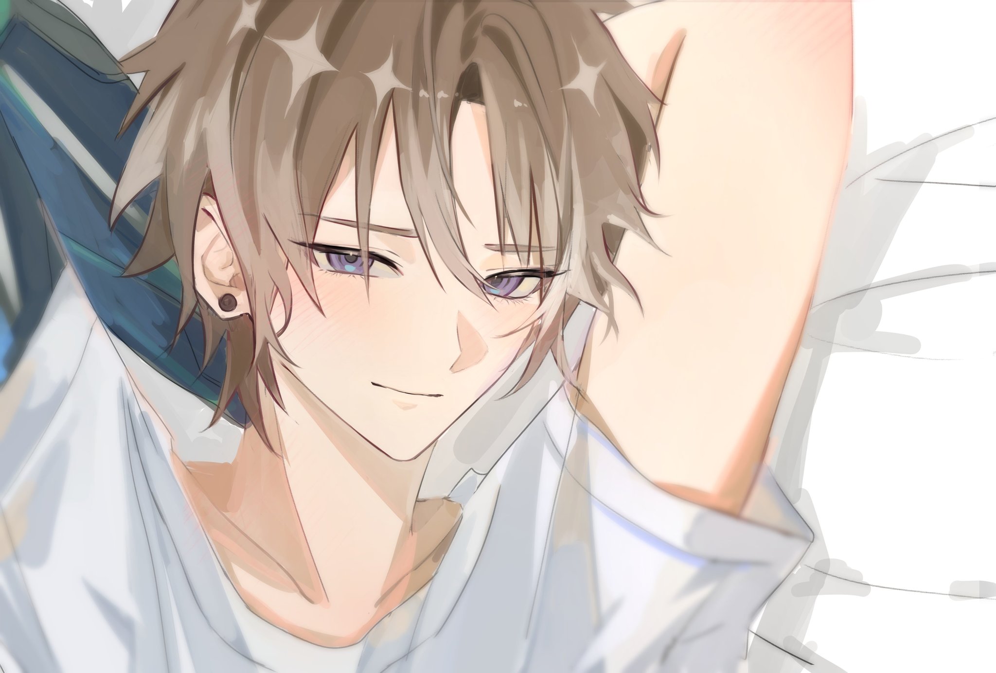 Safebooru - 1boy arms up blush brown hair closed mouth ear piercing ...