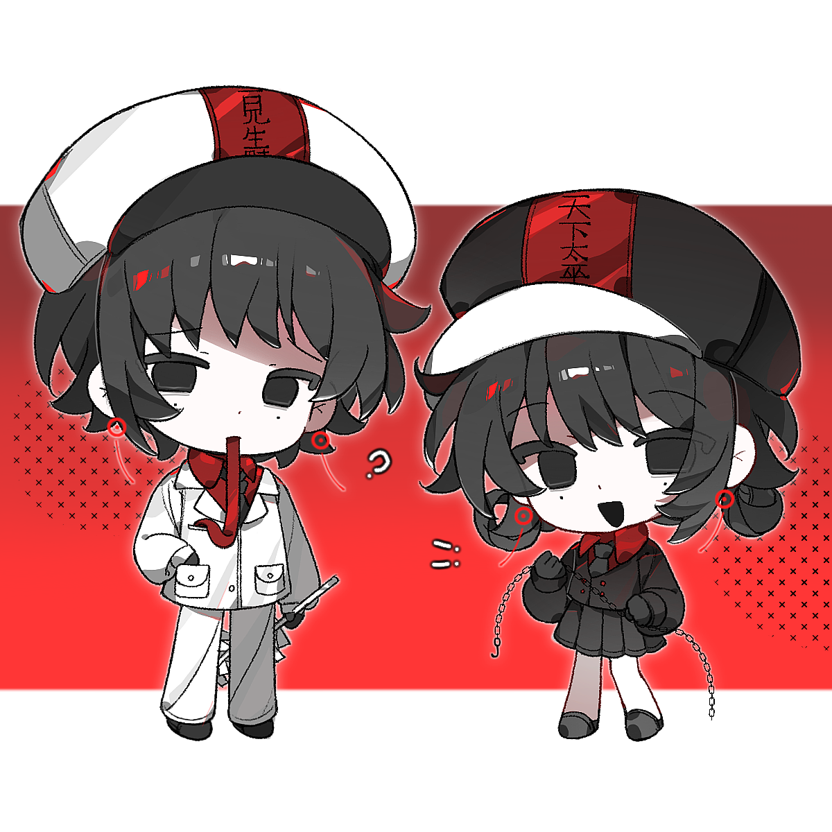 Safebooru - ! !! 1boy 1girl ? black eyes black footwear black gloves black hair black hat black ...