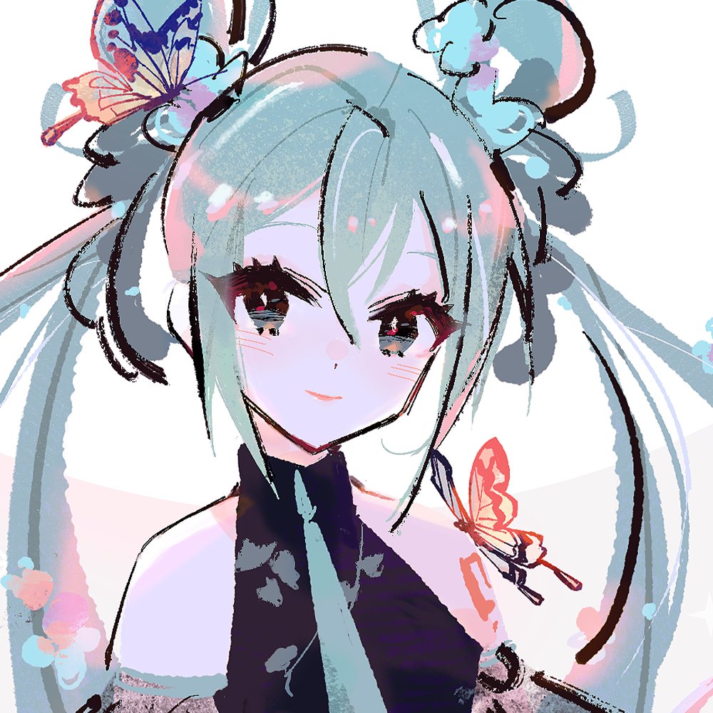 Safebooru - 1girl aqua necktie black shirt blush bug butterfly closed mouth commentary detached ...