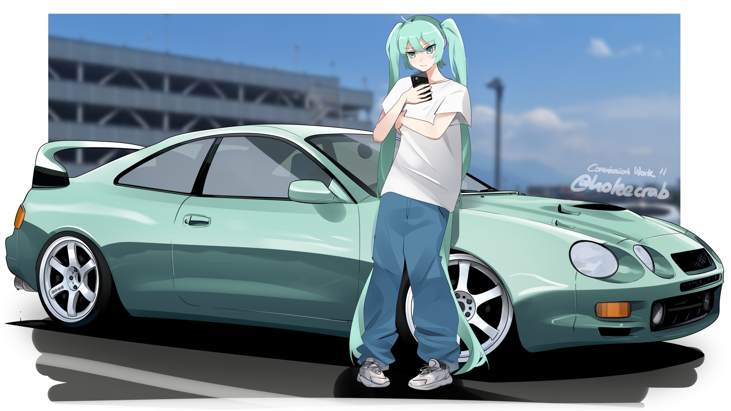 Safebooru - 1girl aqua car aqua eyes aqua hair blue pants border ...