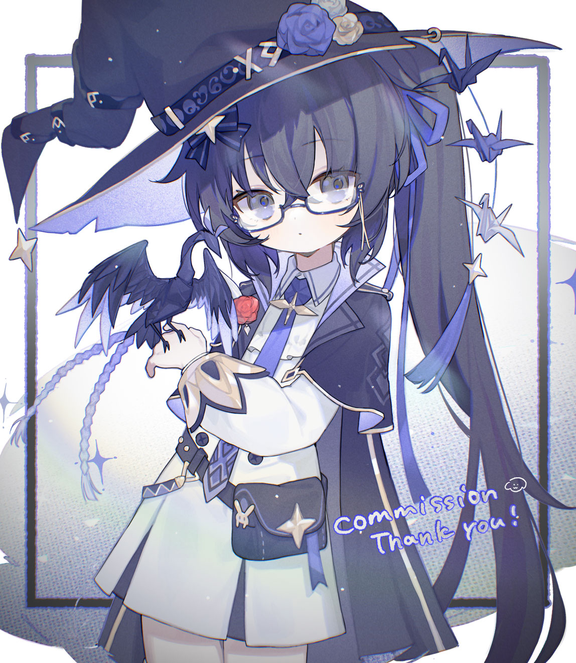 Safebooru - 1girl bird black cape black hair black hat blue eyes blue flower blue necktie border ...
