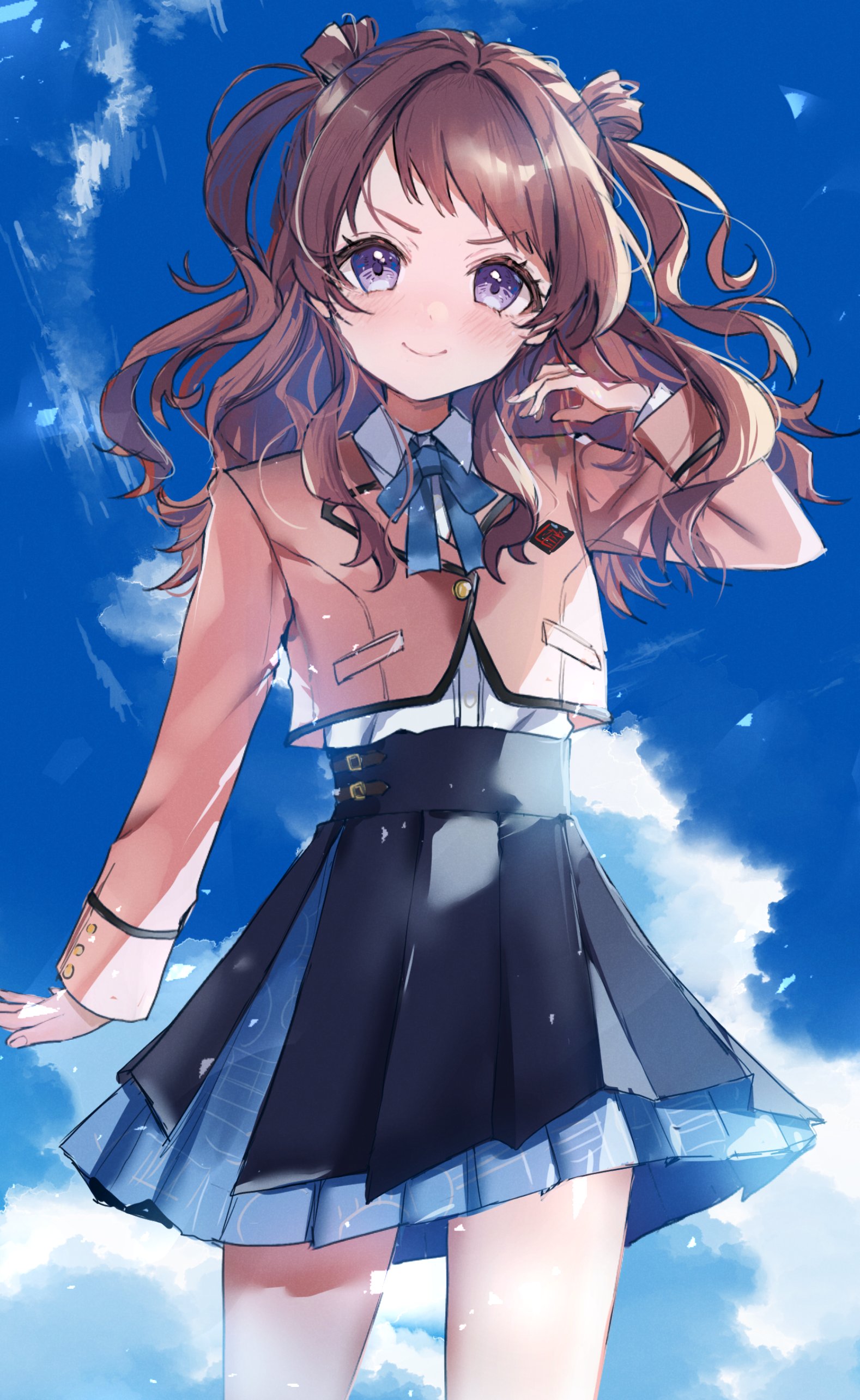 Safebooru - 1girl absurdres akebisousaku blue eyes blue ribbon blue sky blush brown hair clouds ...