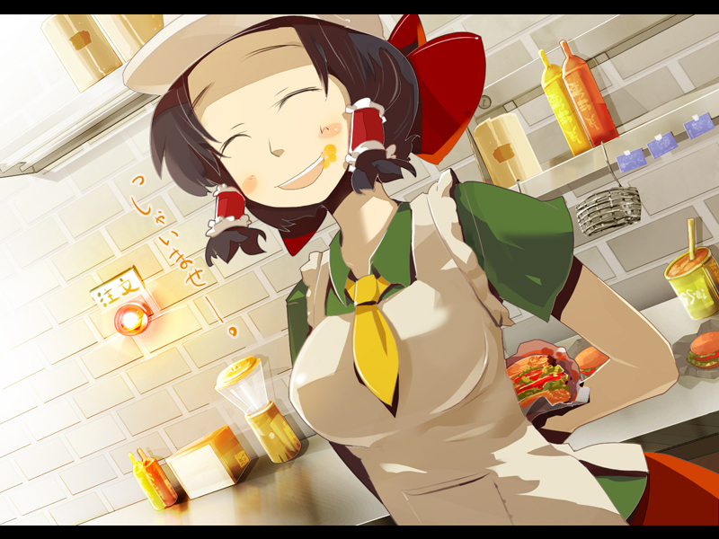 Safebooru - 1girl alternate costume apron blush stickers bow brown hair ...