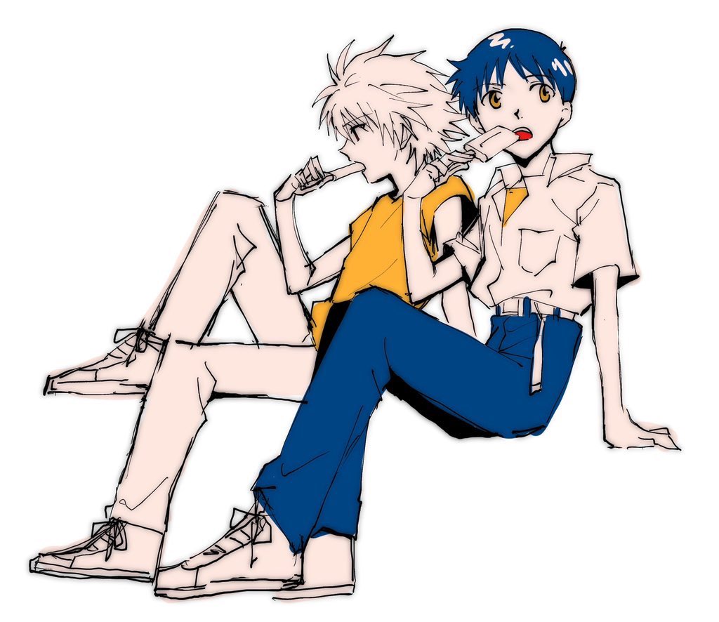 Safebooru - 2boys arm support belt belt buckle breast pocket buckle collared shirt commentary ...