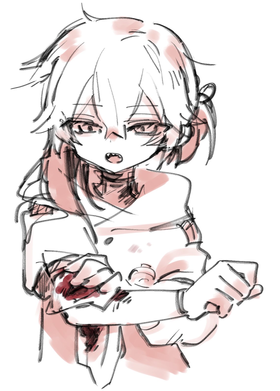 Safebooru - 1other :o blood blood on arm gloves hand on own arm hand up ...