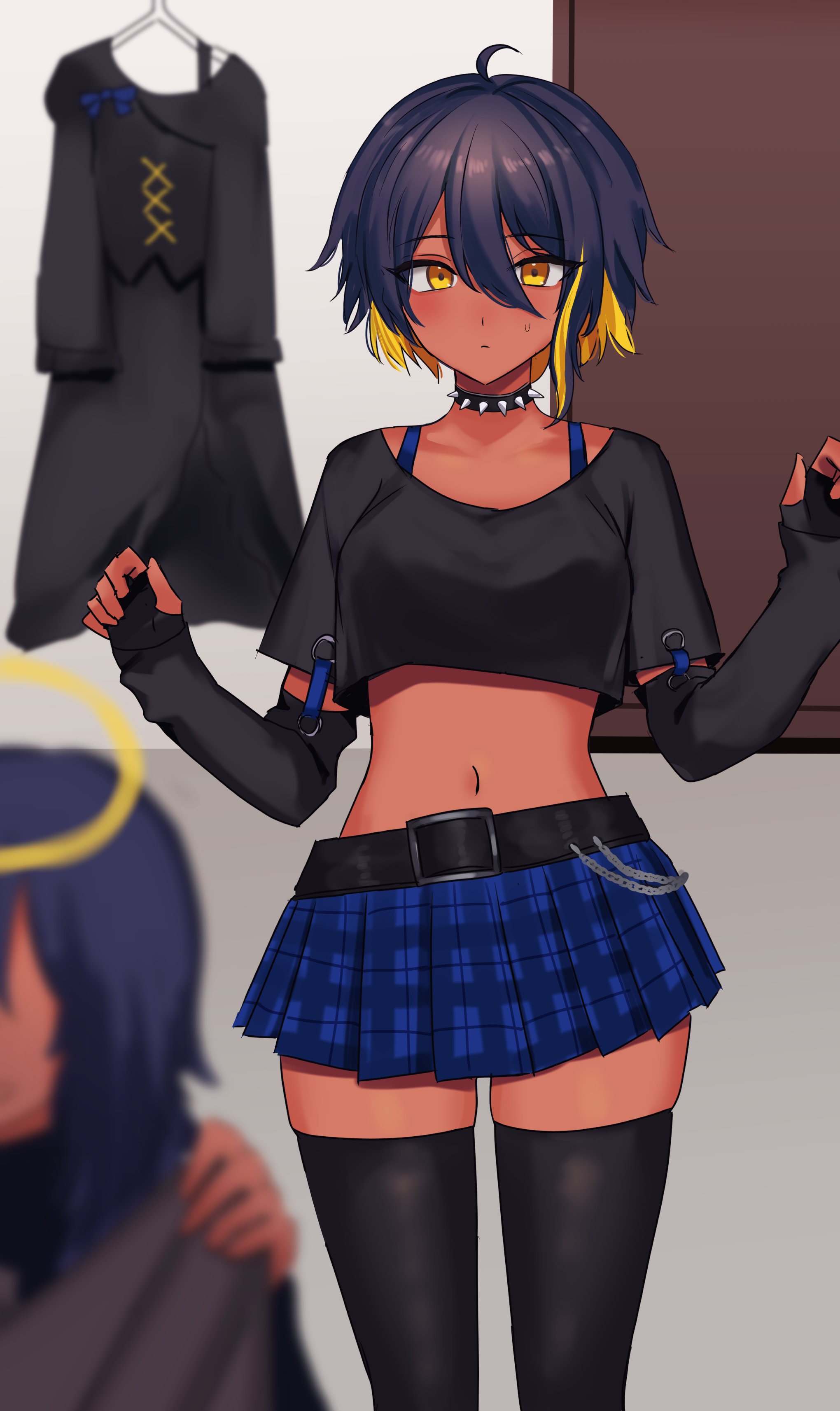 Safebooru - 2girls absurdres agamemega ahoge belt black shirt blue hair blush bra strap breasts ...