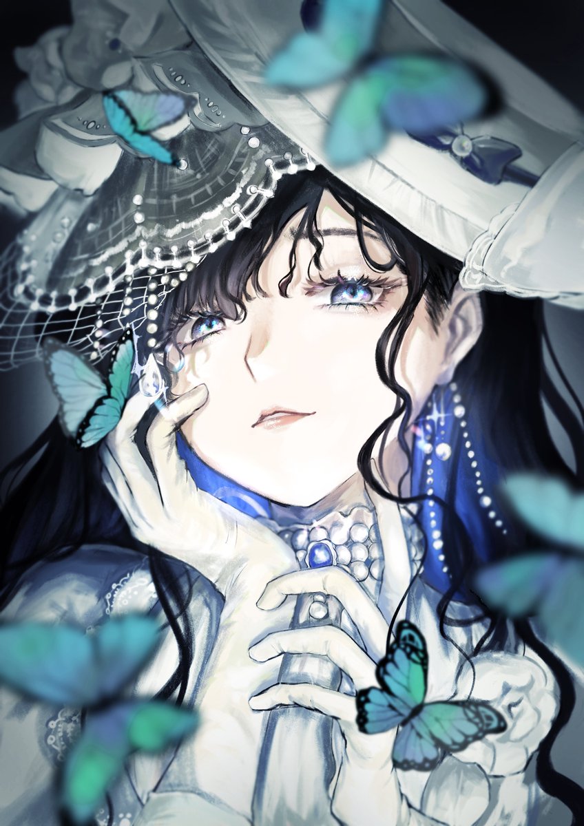 Safebooru - 1girl amane (rain downpour) black hair blue butterfly blurry blurry foreground bug ...