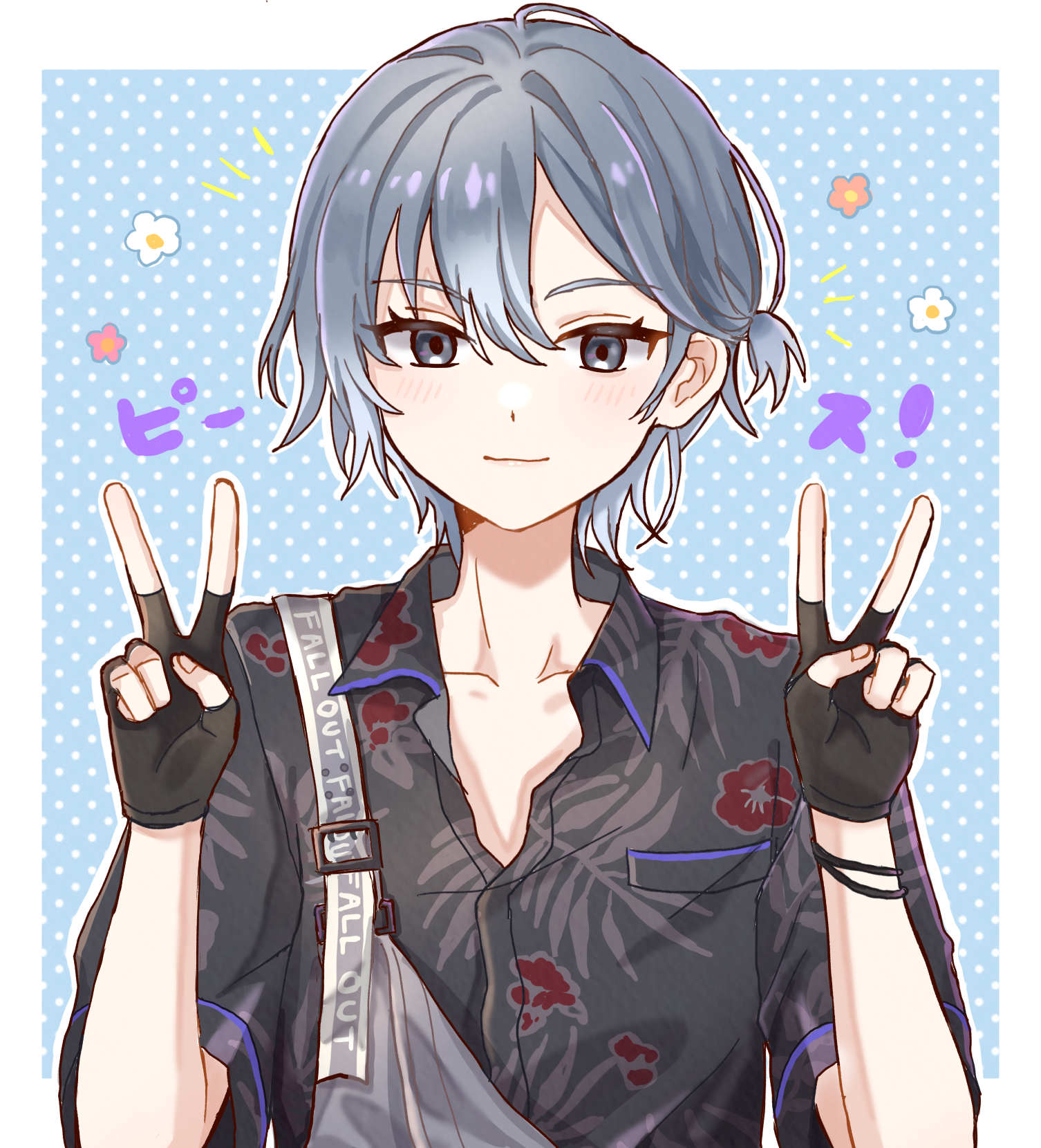 Safebooru - 18trip 1boy asako (puiu9k) black gloves black shirt blue background closed mouth ...