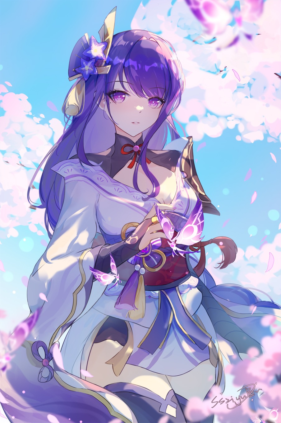 Safebooru - 1girl artist name black thighhighs blue sky blunt bangs blurry braid bug butterfly ...