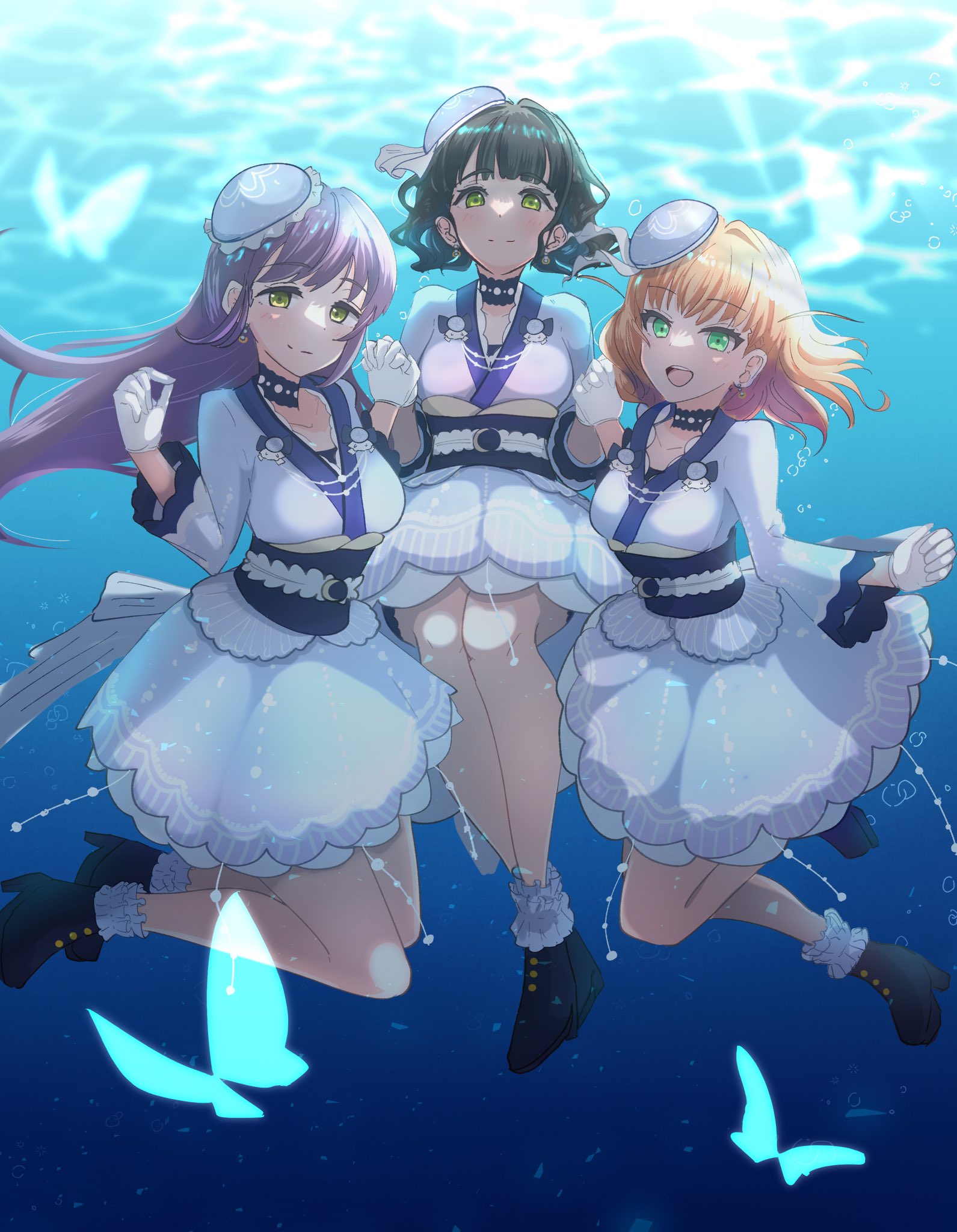 Safebooru - 3girls :d air bubble beret black footwear black hair blue hat blue kimono blue skirt ...