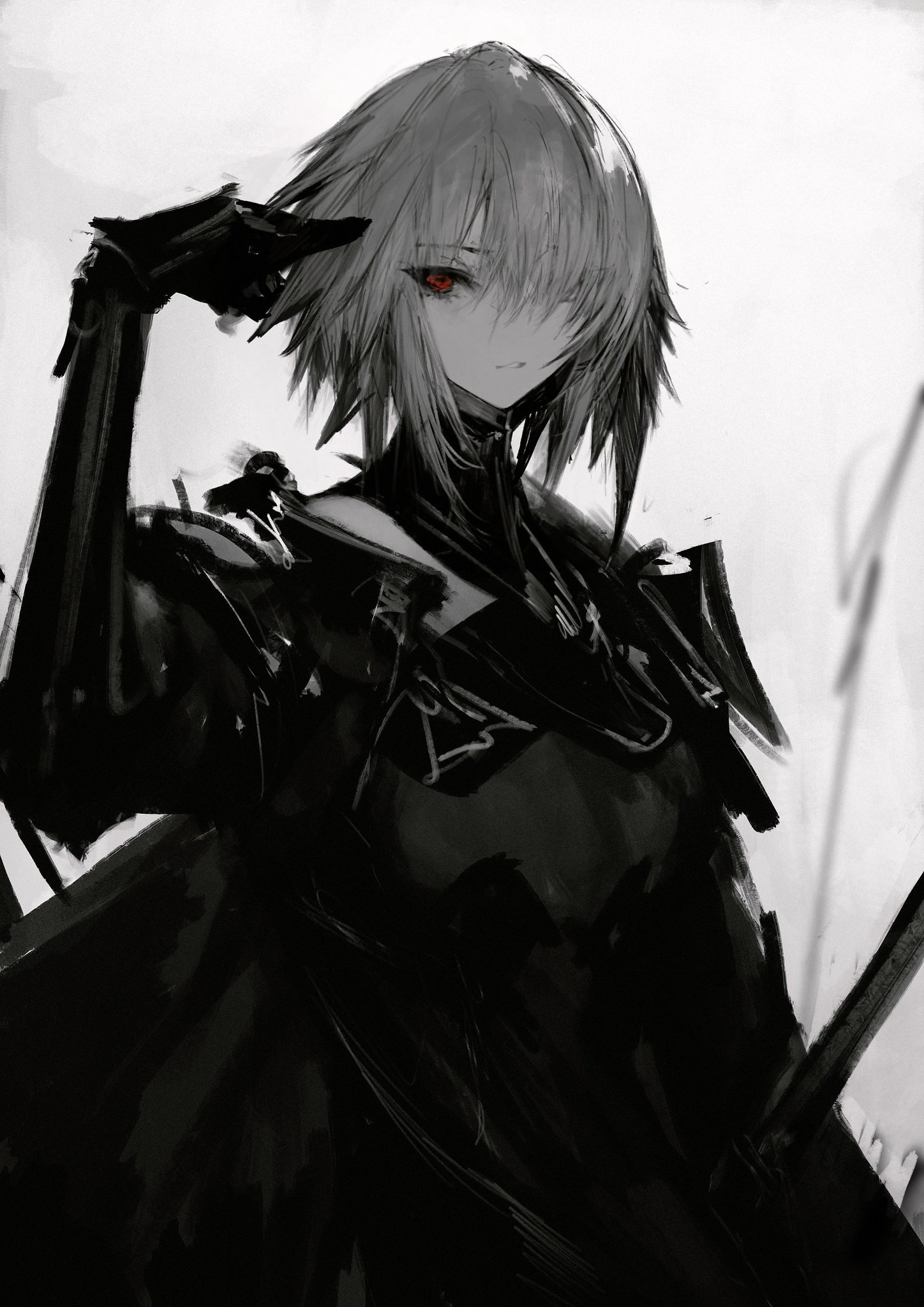 Safebooru - 1girl armor black armor commentary english commentary expressionless finger to head ...