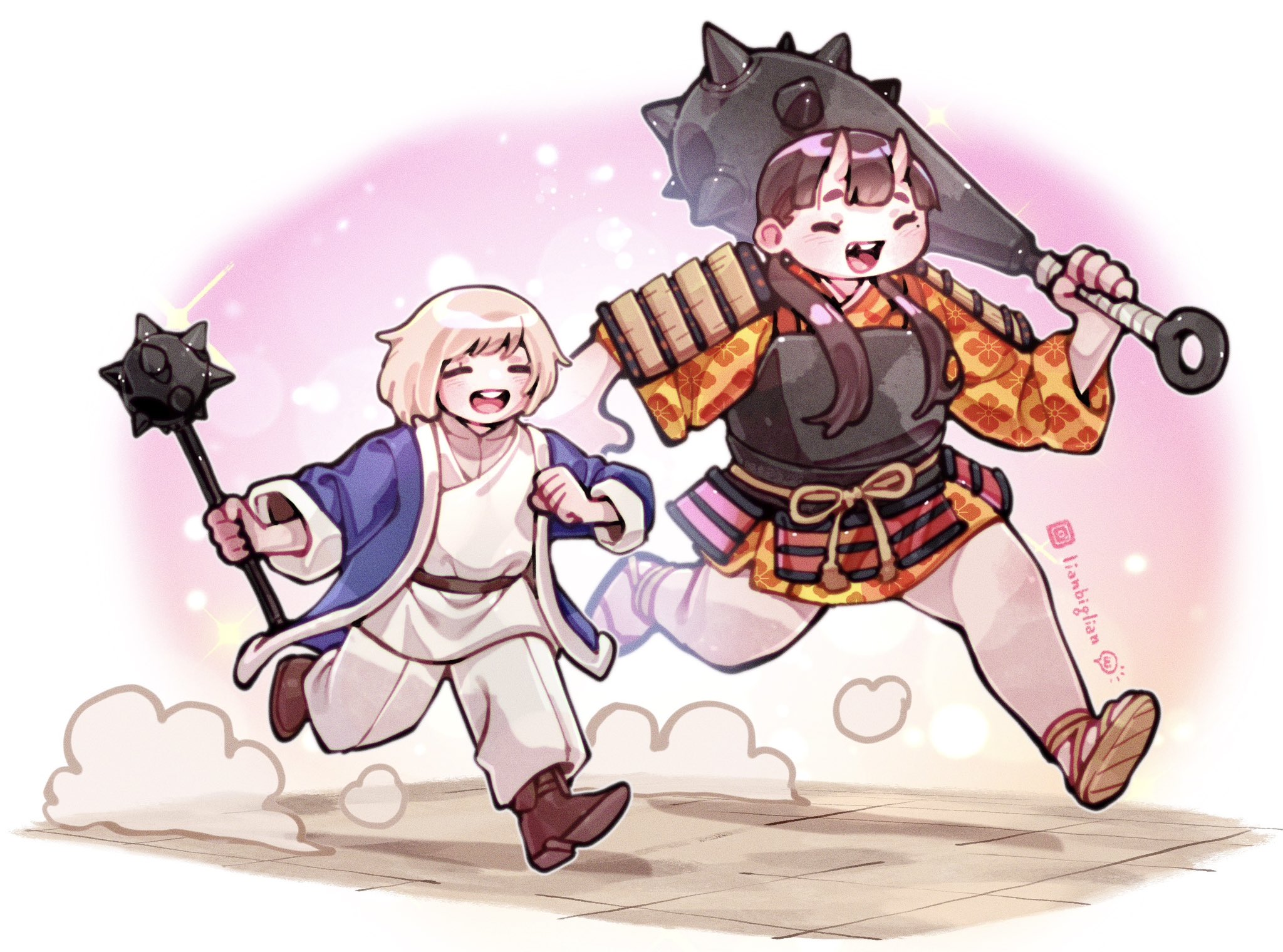 Safebooru - 2girls :d armor bare legs black hair blonde hair closed eyes club (weapon) dungeon ...