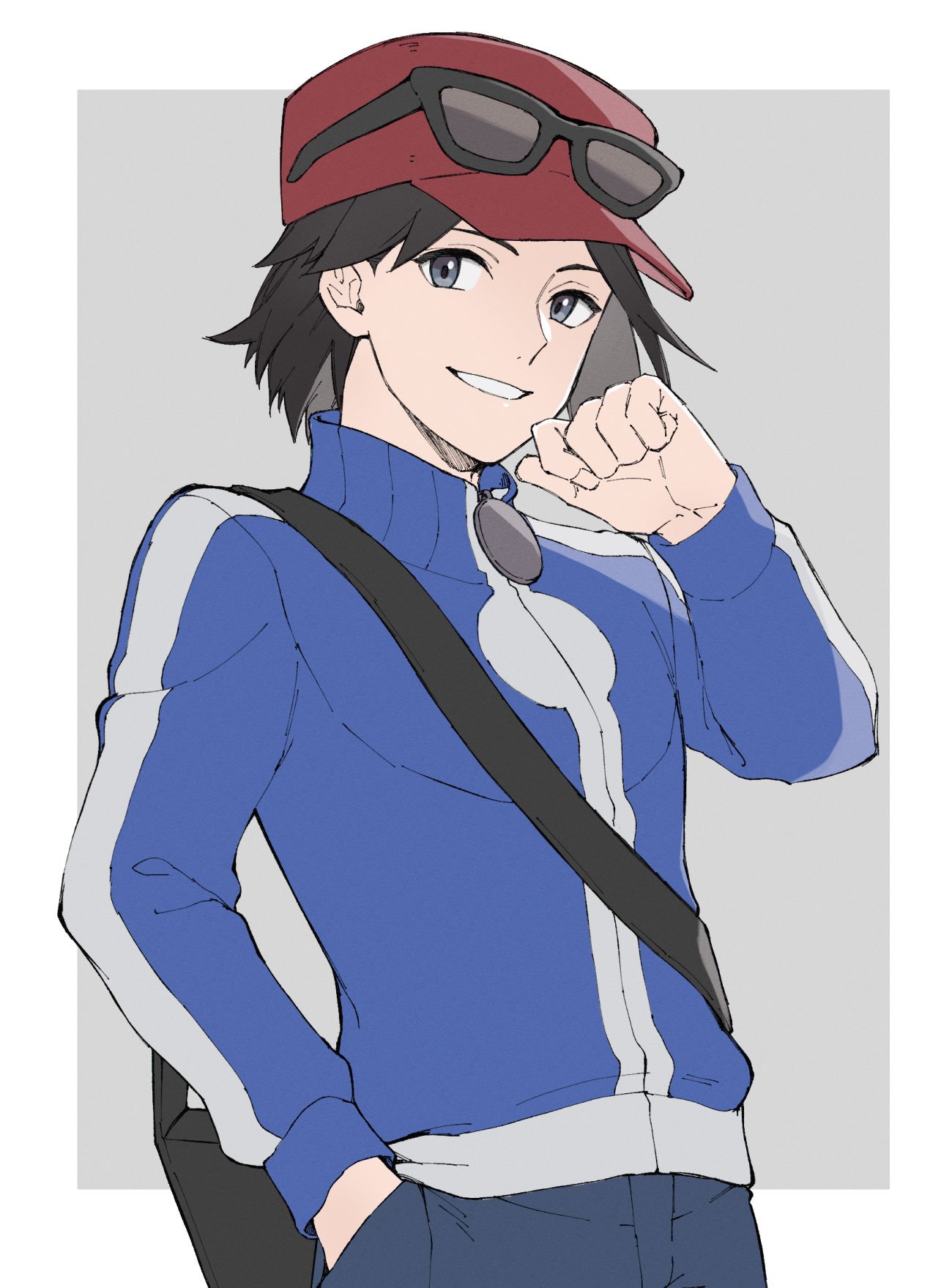 Safebooru - 1boy bag black bag black hair blue jacket border calem (pokemon) commentary request ...