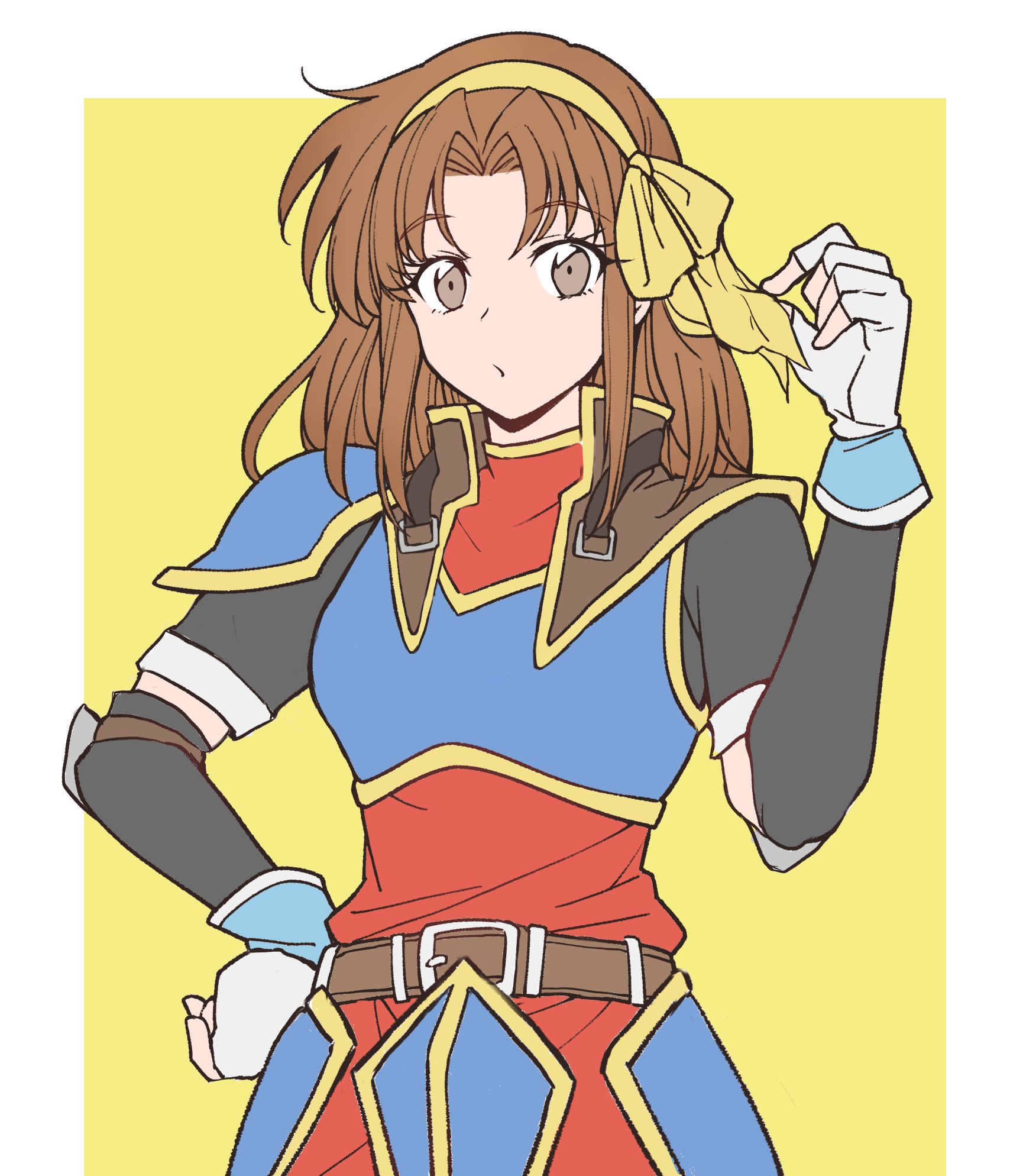 Safebooru - 1girl anelace elfead armor border breastplate brown eyes brown hair curtained hair ...
