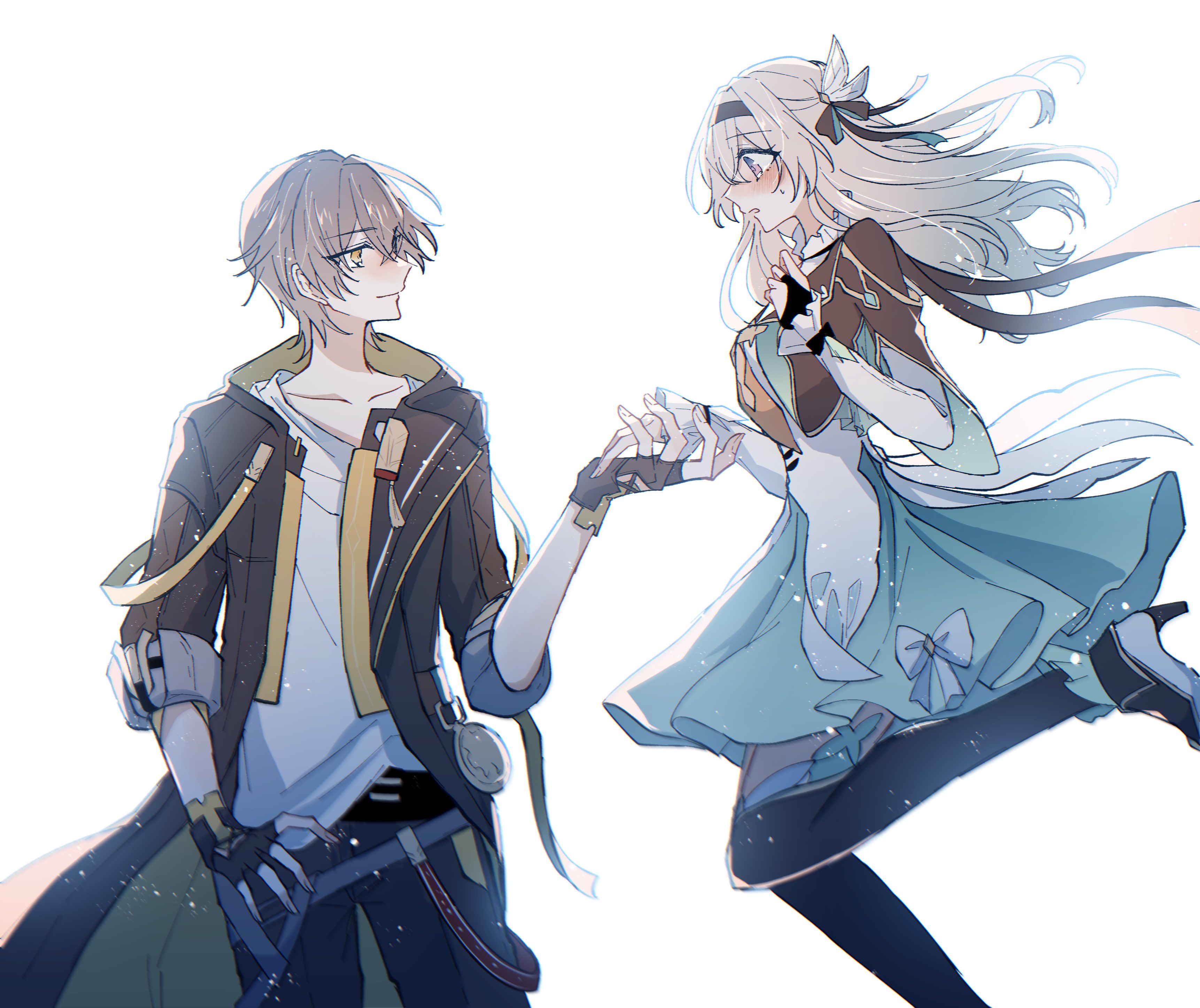 Safebooru - 1boy 1girl absurdres aqua skirt black gloves black hairband black jacket blue pupils ...