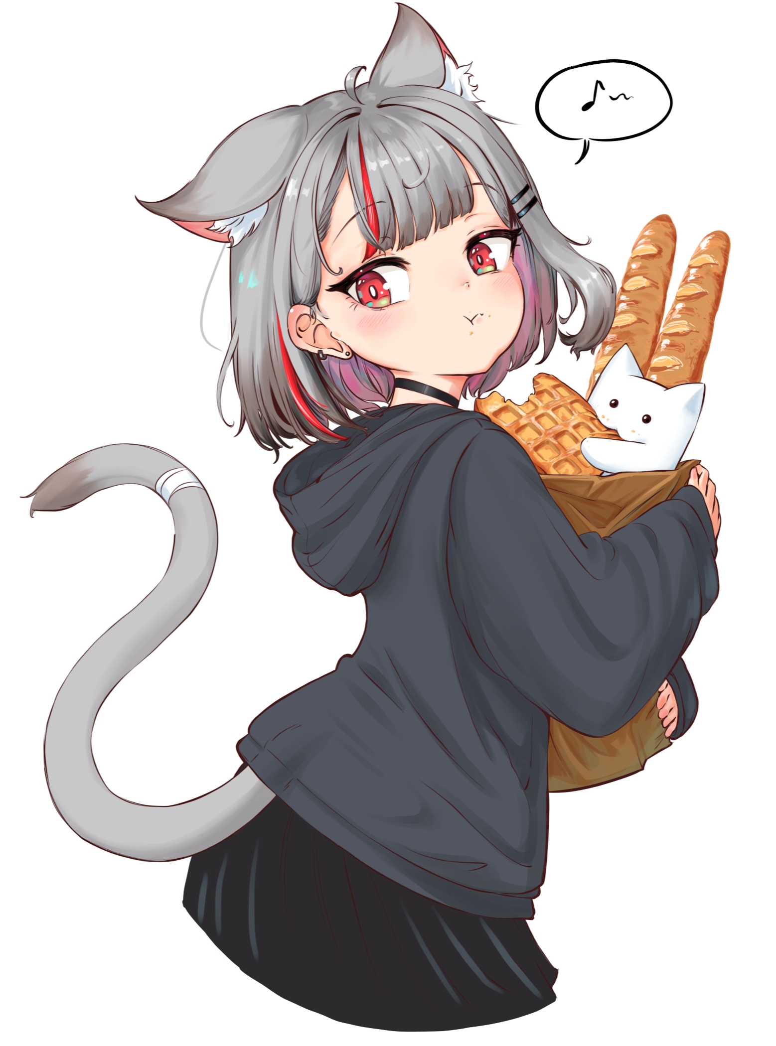 Safebooru - 1girl animal ear fluff animal ears bag baguette black hoodie black skirt bread cat ...
