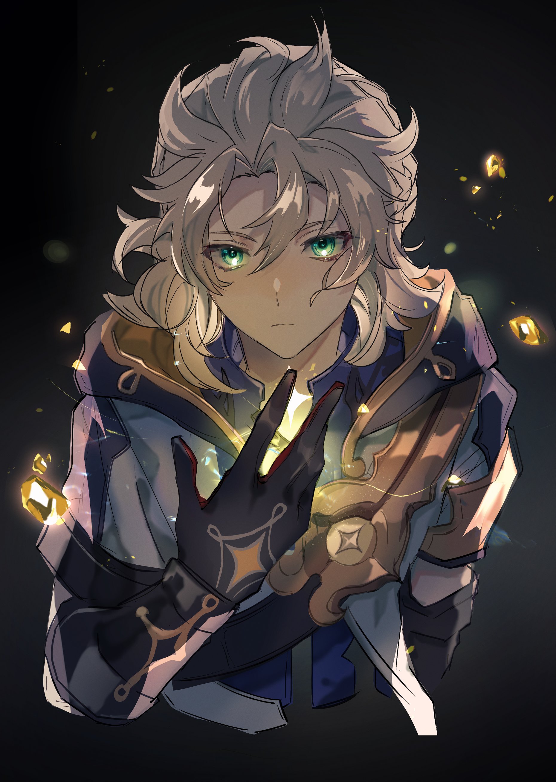 Safebooru - 1boy absurdres albedo (genshin impact) black background black gloves blue shirt ...