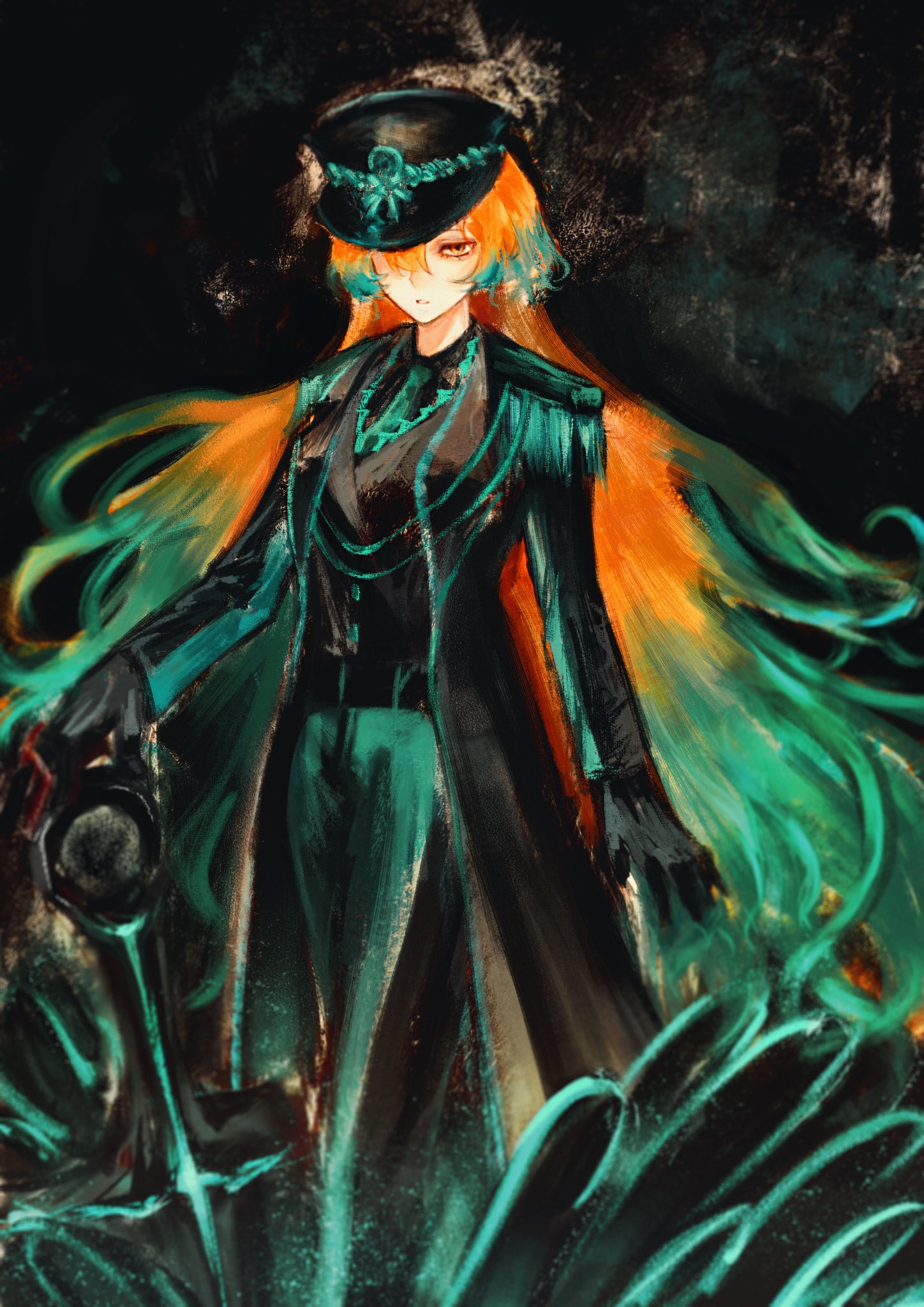Safebooru - 1girl anchor aqua hair black coat black gloves black hat ...