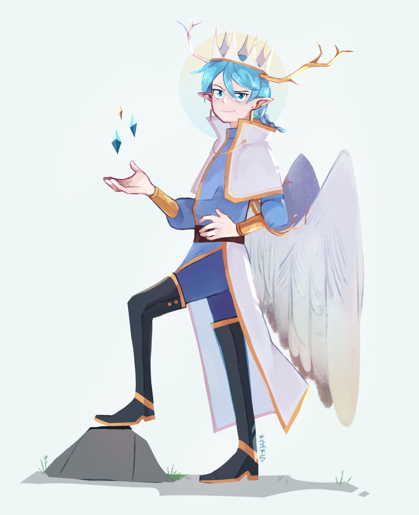 Safebooru - 1boy antlers bishounen blue eyes blue hair boots braid cape ...