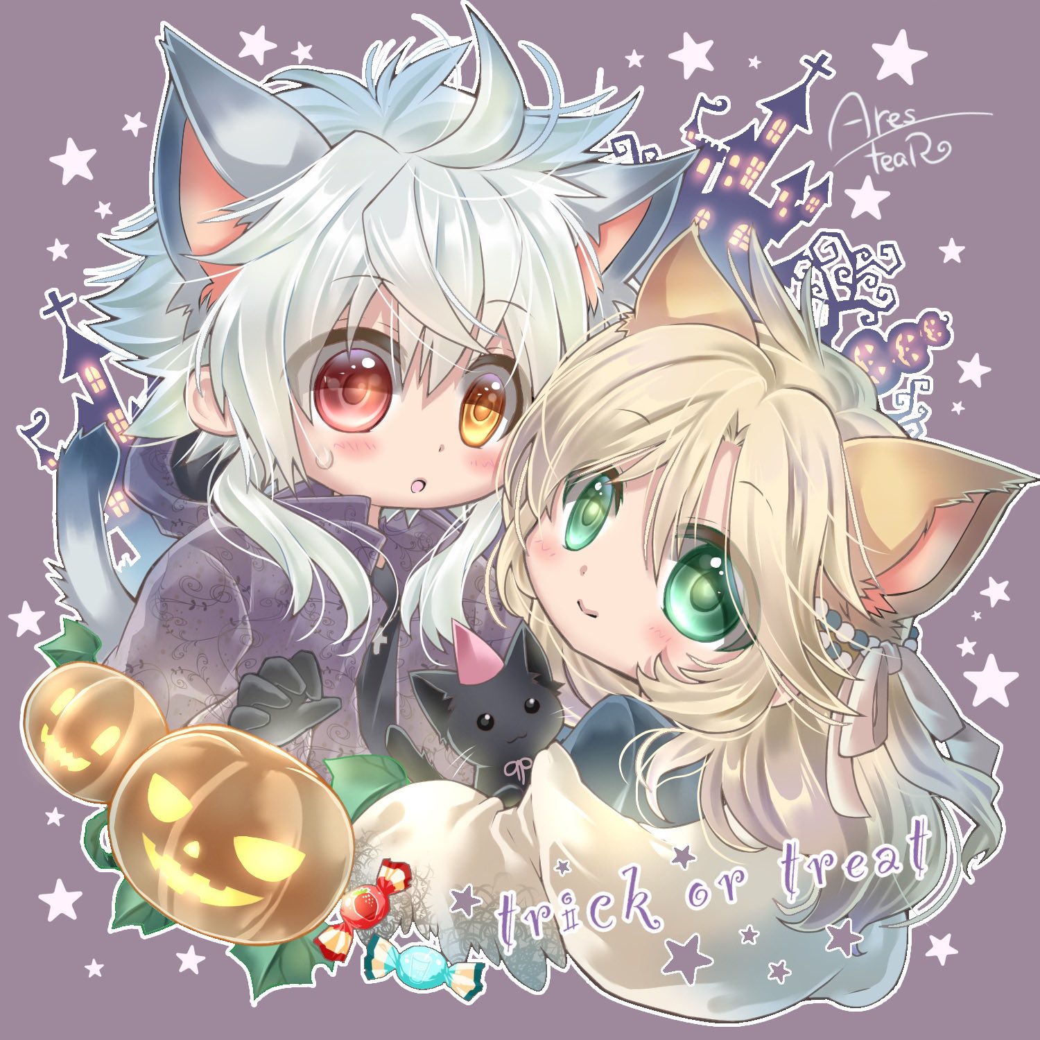 Safebooru - 1boy 1girl animal ears arestear0701 artist name beads black cat black gloves blonde ...