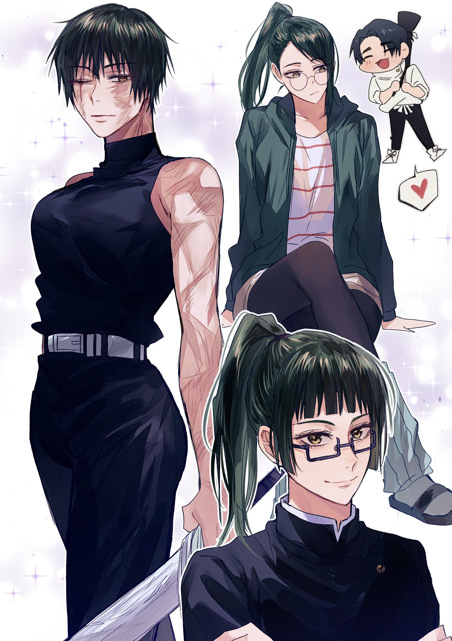 Safebooru - black pants burn scar glasses green hair high-waist pants highres holding holding ...