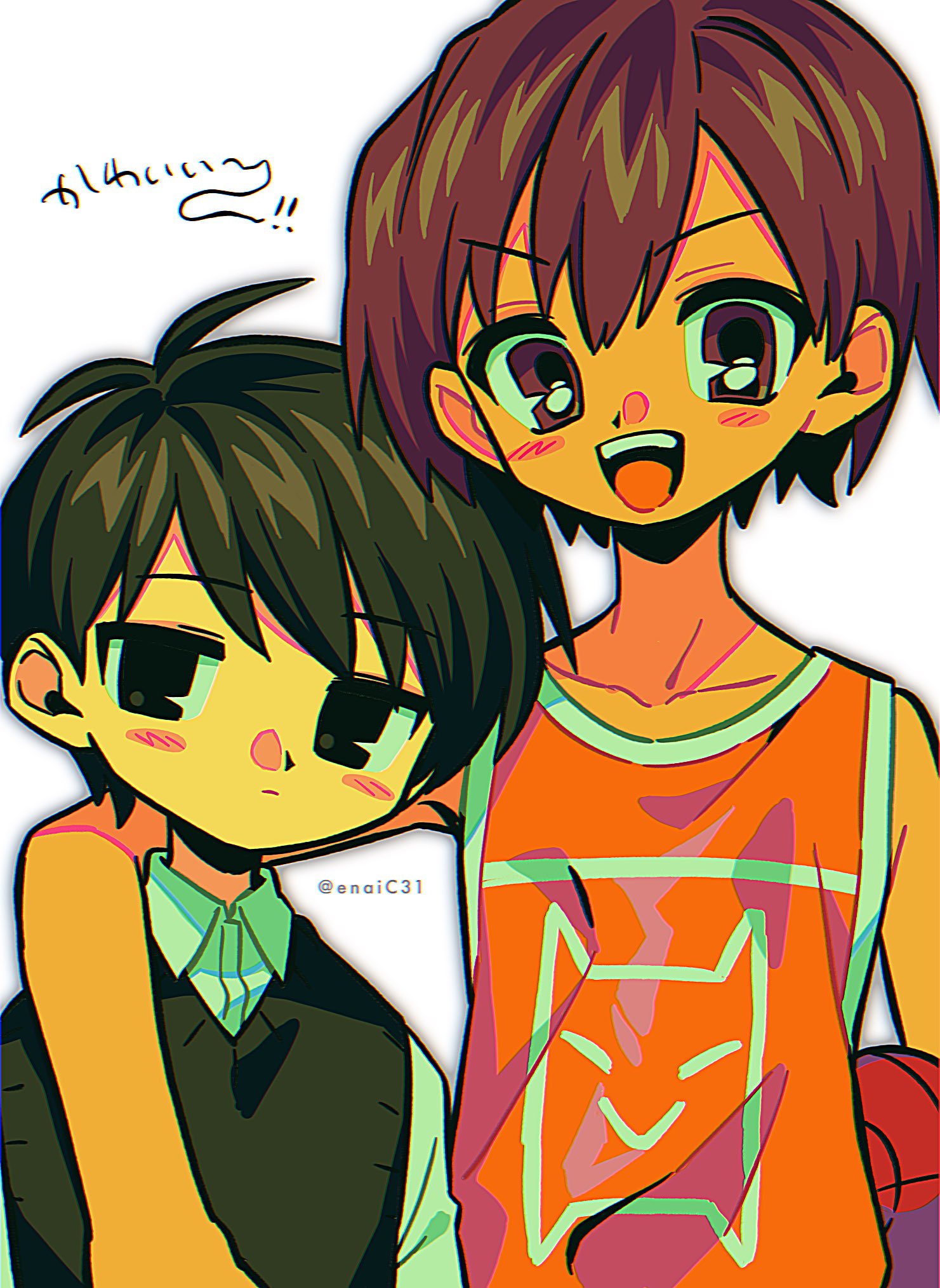 Safebooru - ! !! 2boys antenna hair arm around neck ball bare shoulders ...