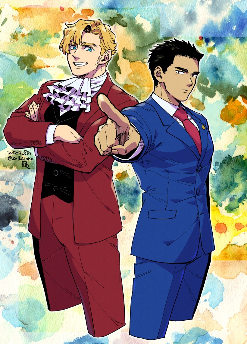 Safebooru - 2boys ace attorney ao isami ascot black hair black vest blonde hair blue eyes blue ...