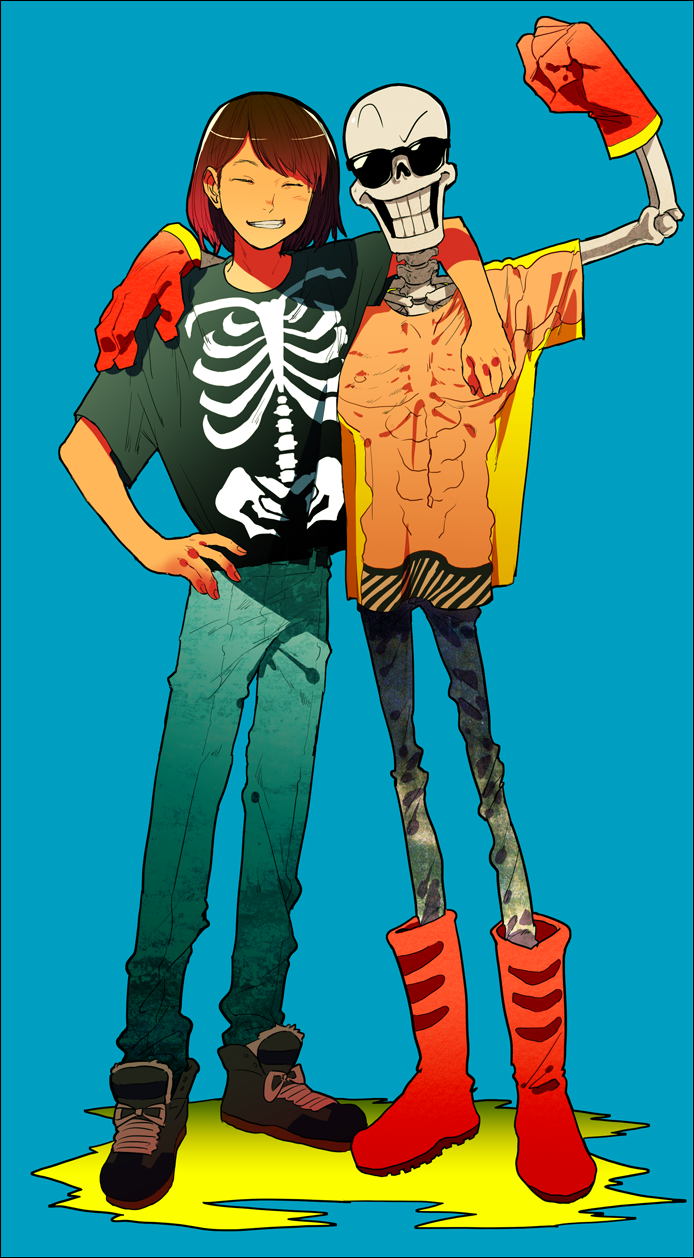 Safebooru - 1boy 1other arm up black footwear black shirt blue ...