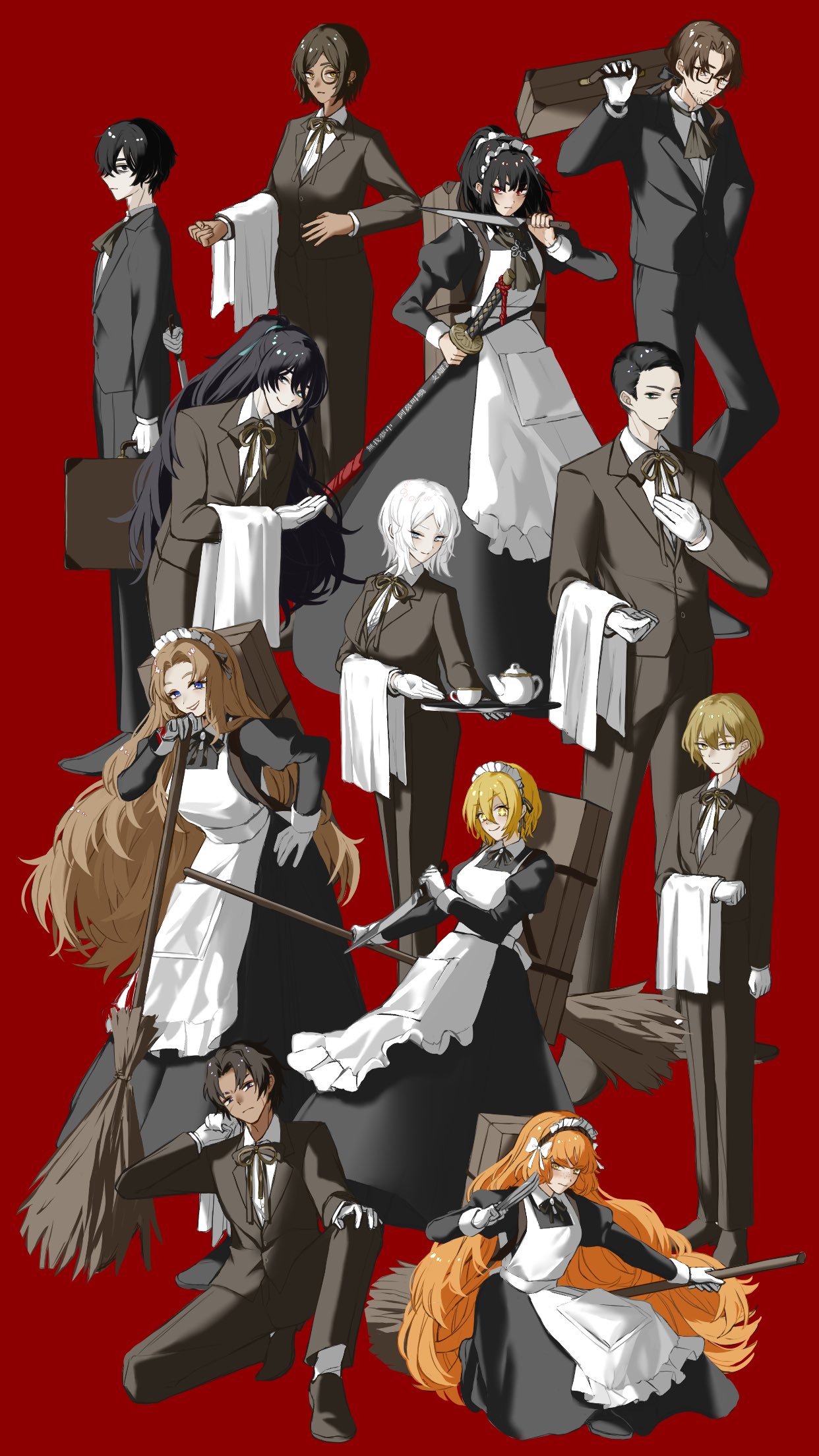 Safebooru - 6+boys 6+girls alternate costume apron arm behind back between fingers black bow ...