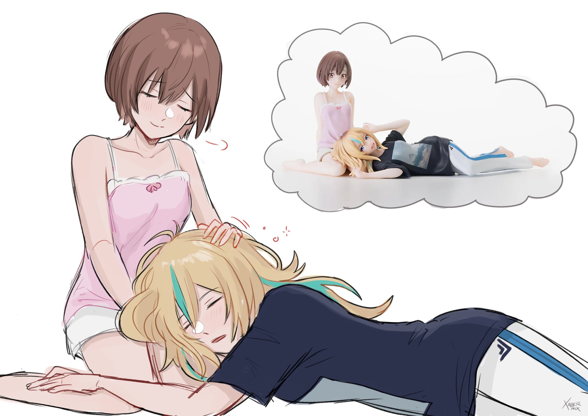 Safebooru - 2girls black shirt blonde hair blush brown hair camisole closed eyes closed mouth ...