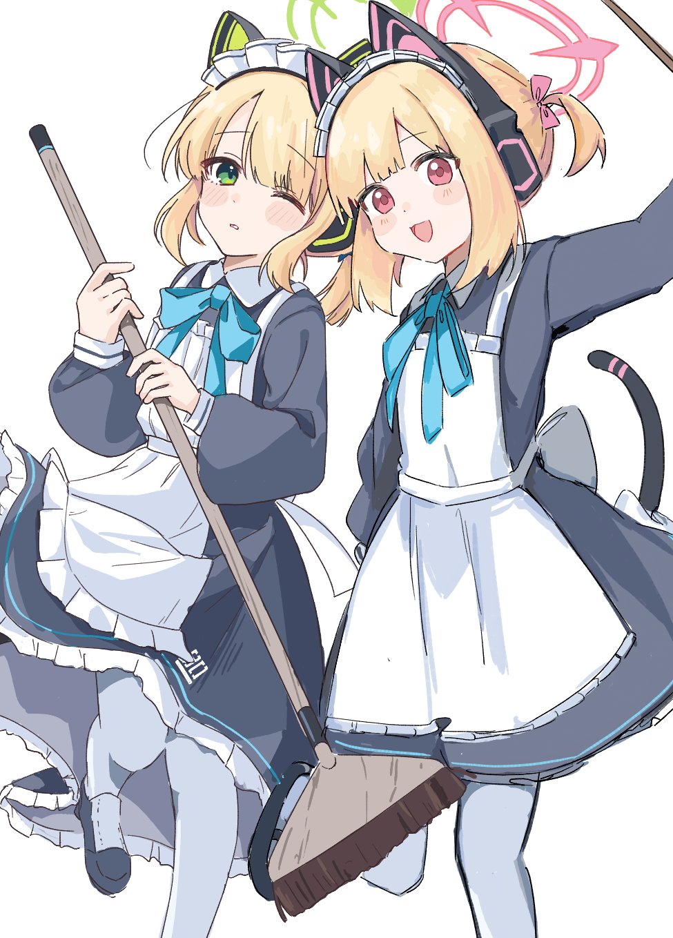 Safebooru - 2girls animal ear headphones animal ears apron black dress black footwear blonde ...