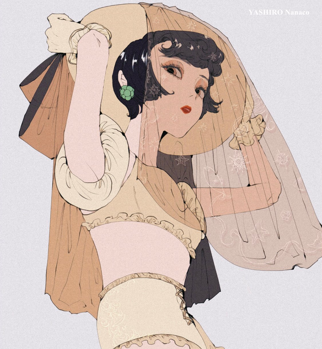 Safebooru - 1girl arms up artist name black hair black ribbon blonde hair blunt ends bob cut ...