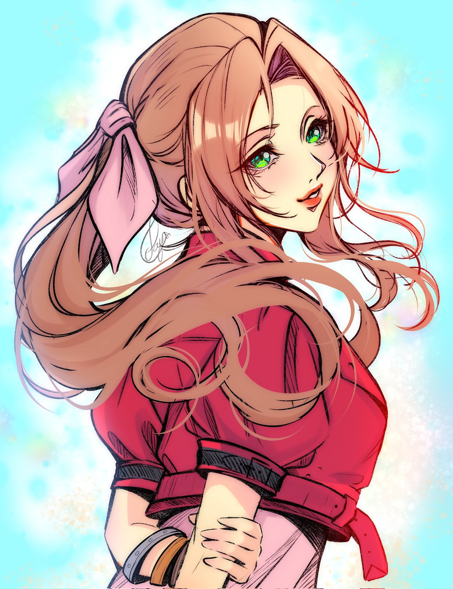 Safebooru - 1girl aerith gainsborough arms behind back atelier saya bangle blue background ...