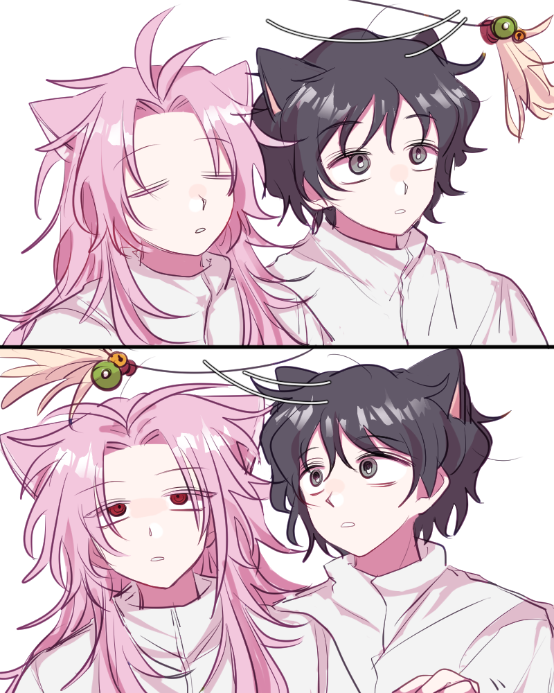 Safebooru - 1b (dlqotlswk) 2boys animal ears antenna hair black hair cat boy cat ears cat teaser ...