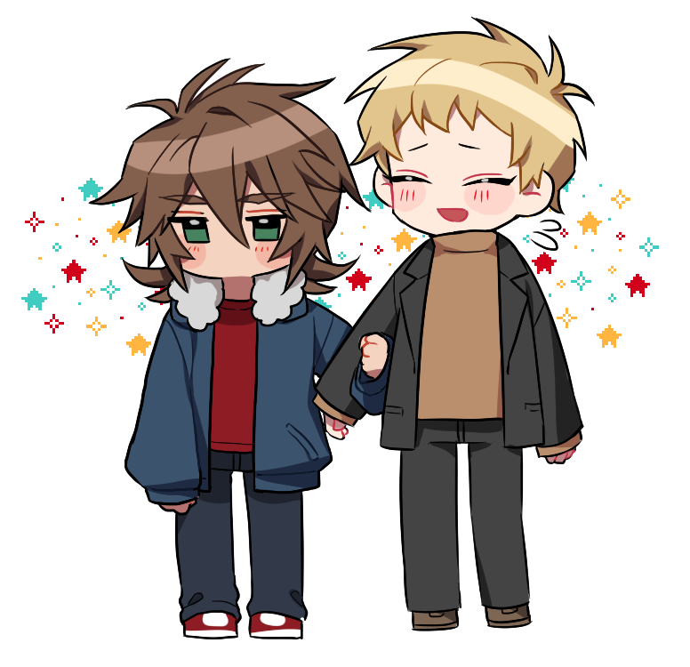 Safebooru - 2boys atou haruki black jacket black pants blonde hair blue jacket brown footwear ...