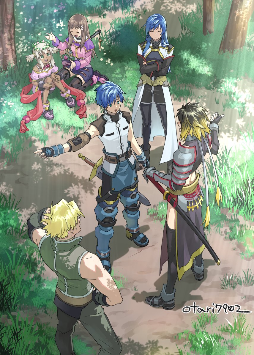 Safebooru - 3boys 3girls albel nox black thighhighs blue hair brown hair cliff fittir fayt ...