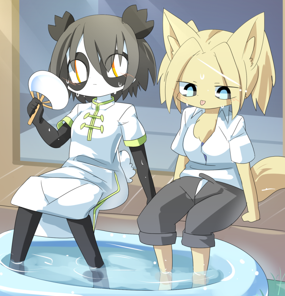 Safebooru - 2girls animal ears black eyes black hair black pants black skin blonde hair blue ...