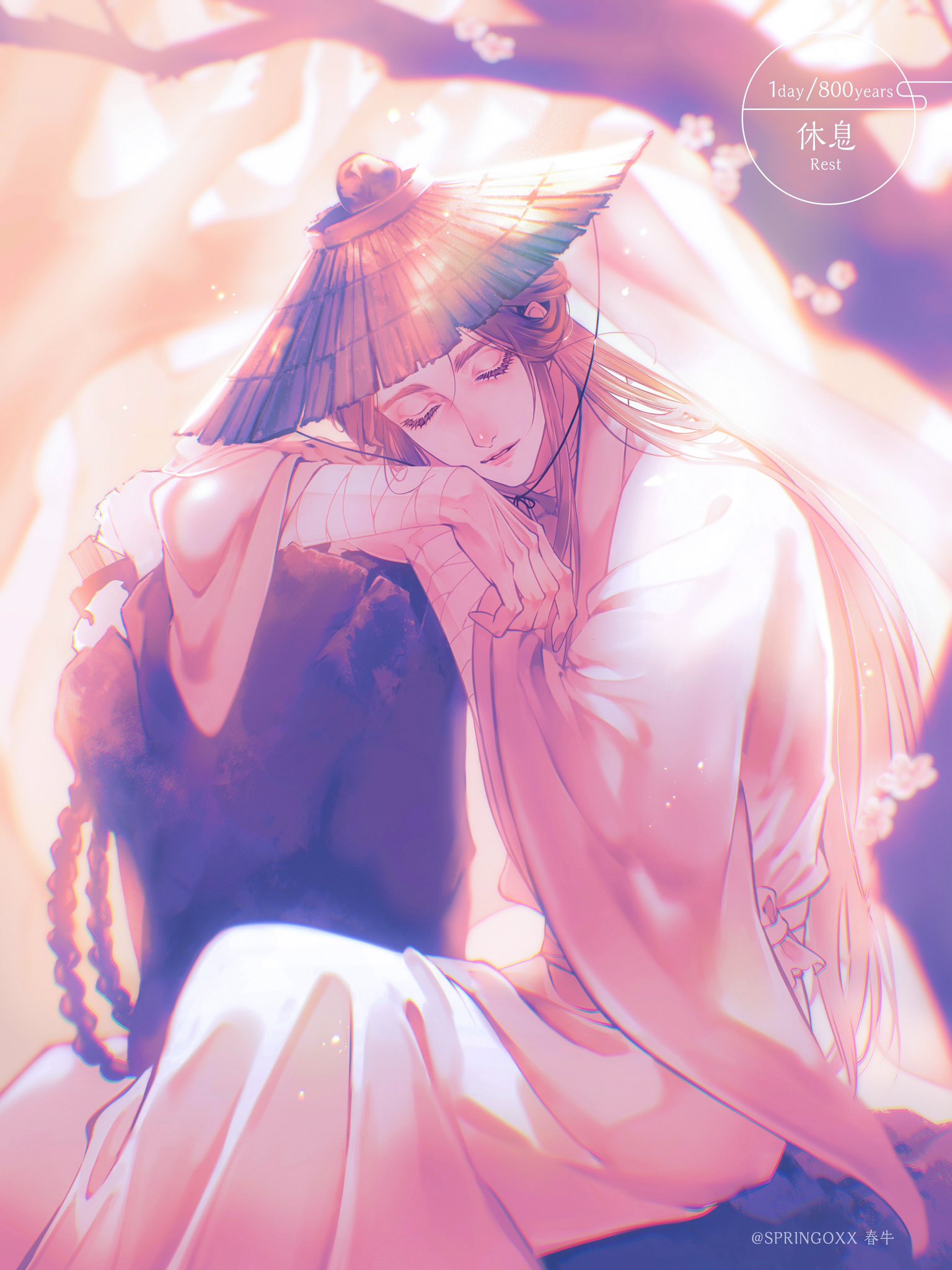 Safebooru - 1boy ajirogasa bandaged arm bandages bishounen branch brown hair chinese clothes ...