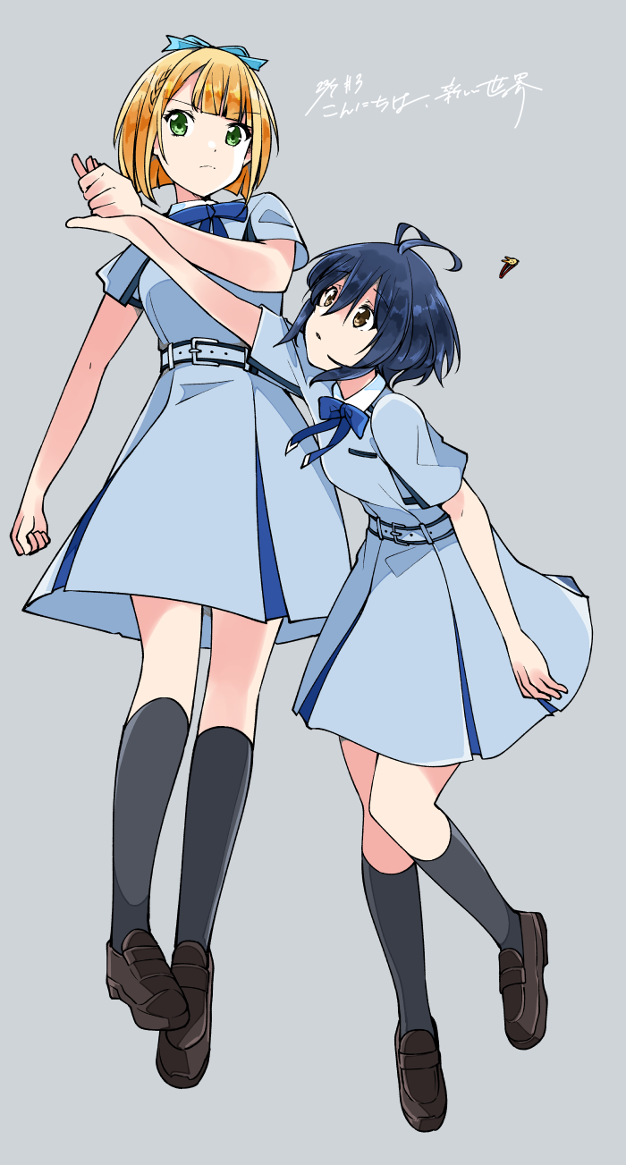 Safebooru - 22/7 2girls antenna hair belt black socks blonde hair blue belt blue bow blue bowtie ...